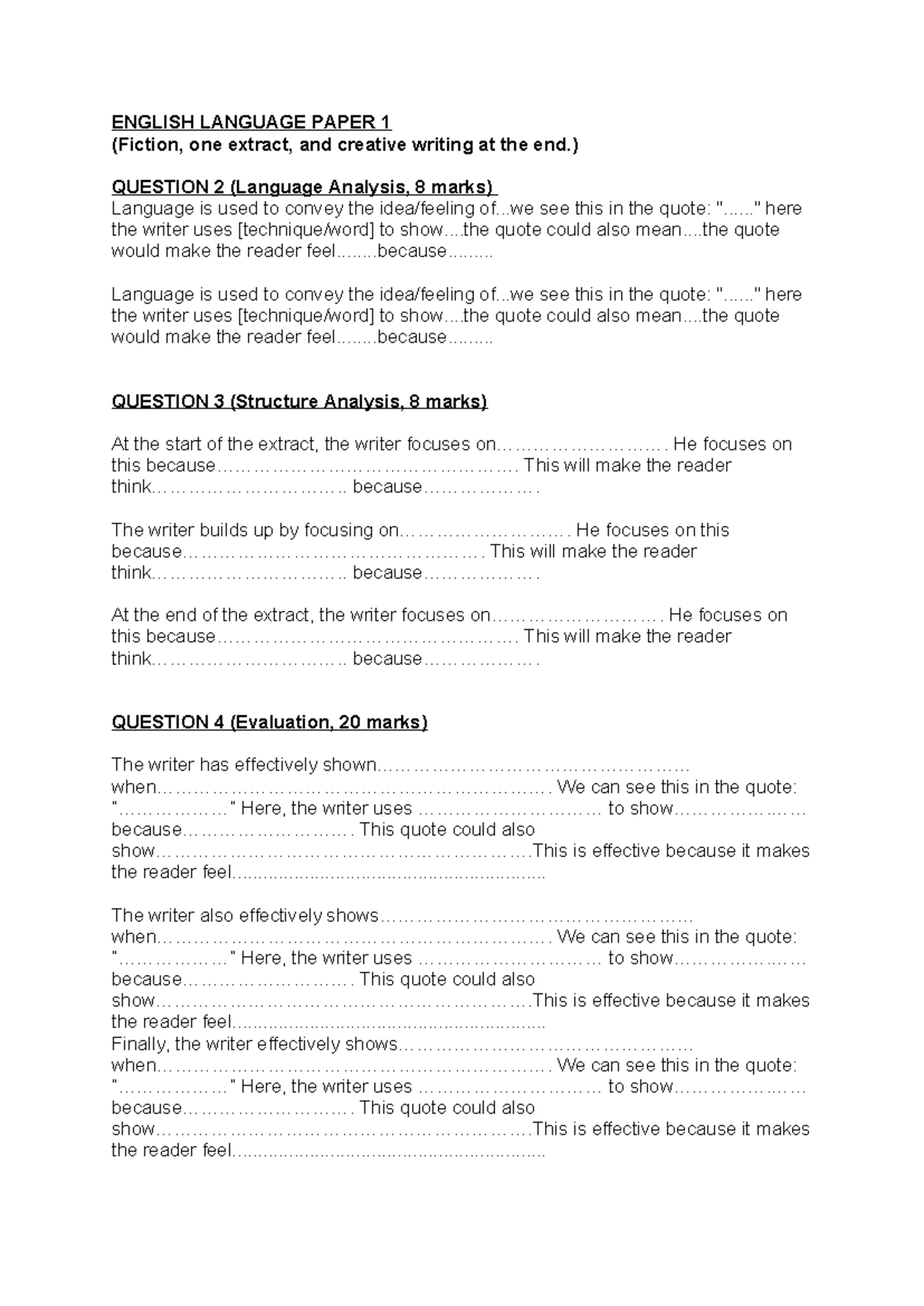 AQA Eng Lang Paper 1 & 2: Key Sentence Starters Guide - Studocu