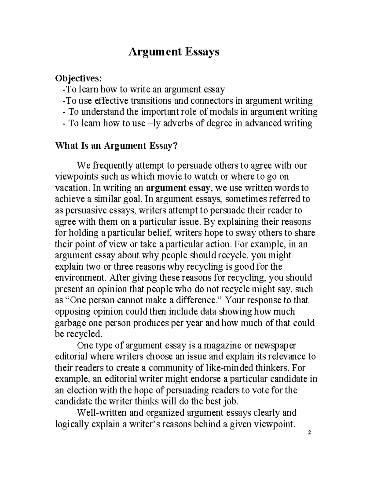 Argument Essays - Reading and Writing - Argument Essays Objectives: -To ...