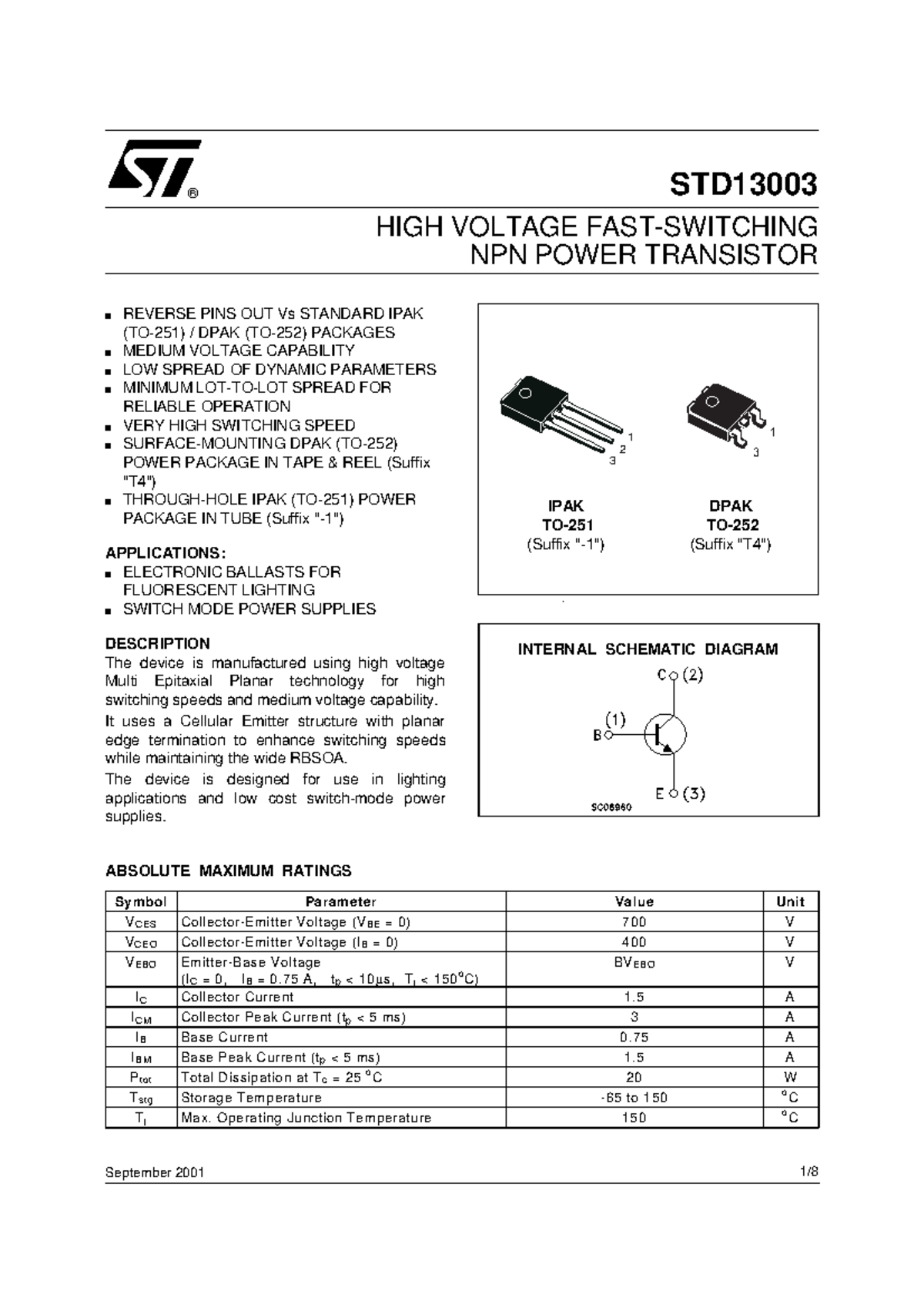 ST D1300 - HIGH VOLTAGE FAST-SWITCHING NPN POWER TRANSISTOR n REVERSE ...