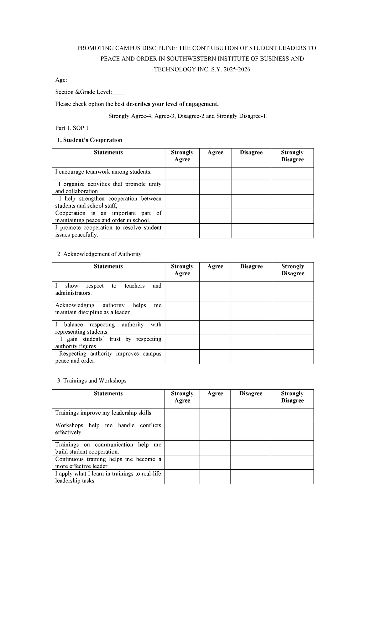S.Y. Questionnaire on Student Leaders' Role in Campus Discipline - Studocu