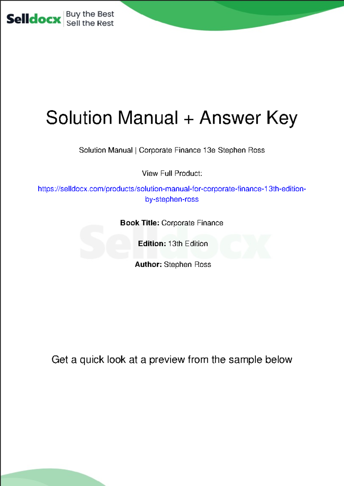 Solution Manual: Corporate Finance 13e by Stephen Ross - Answer Key ...