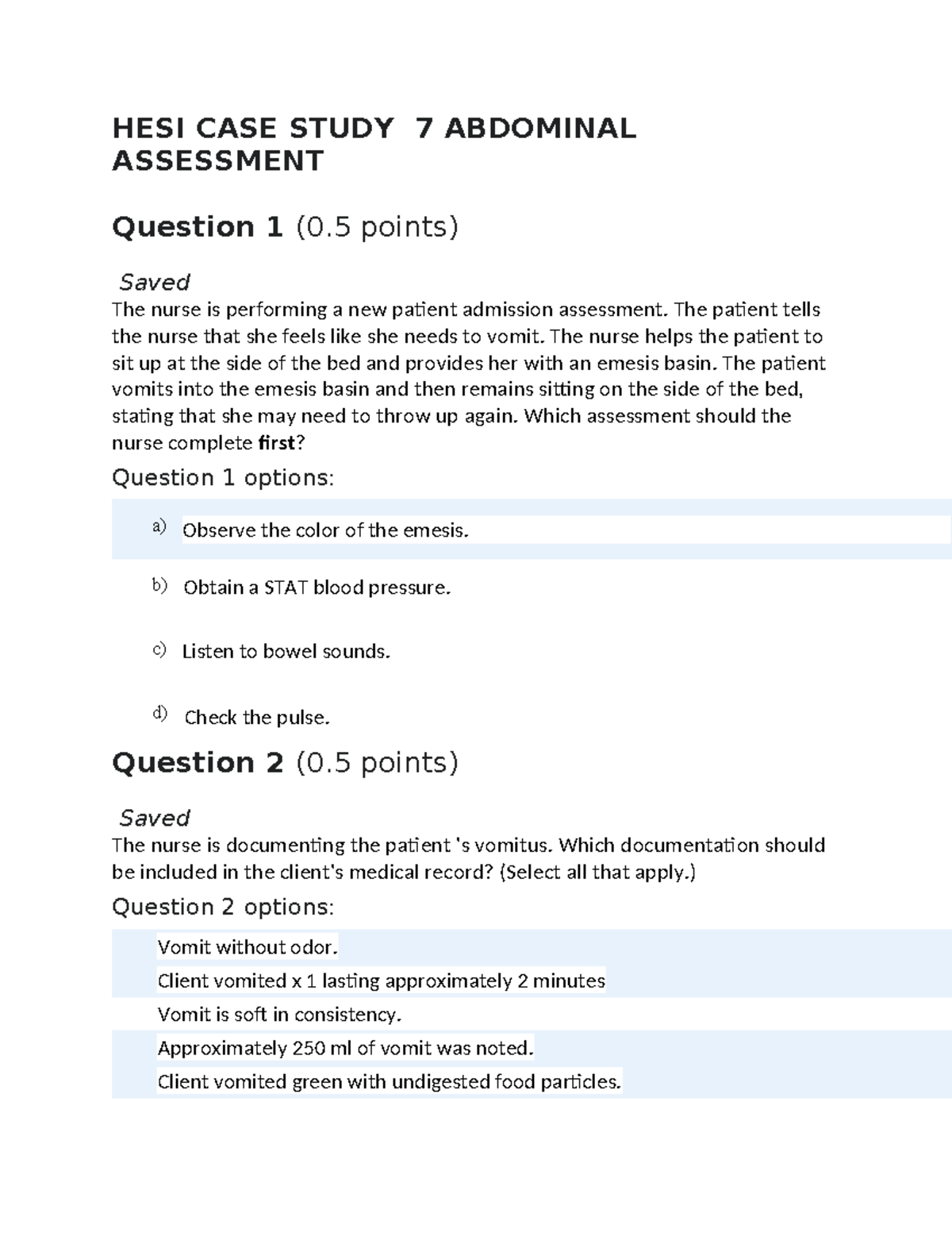 HESI CASE Study 7: Abdominal Assessment & Patient Evaluation 1110 - Studocu