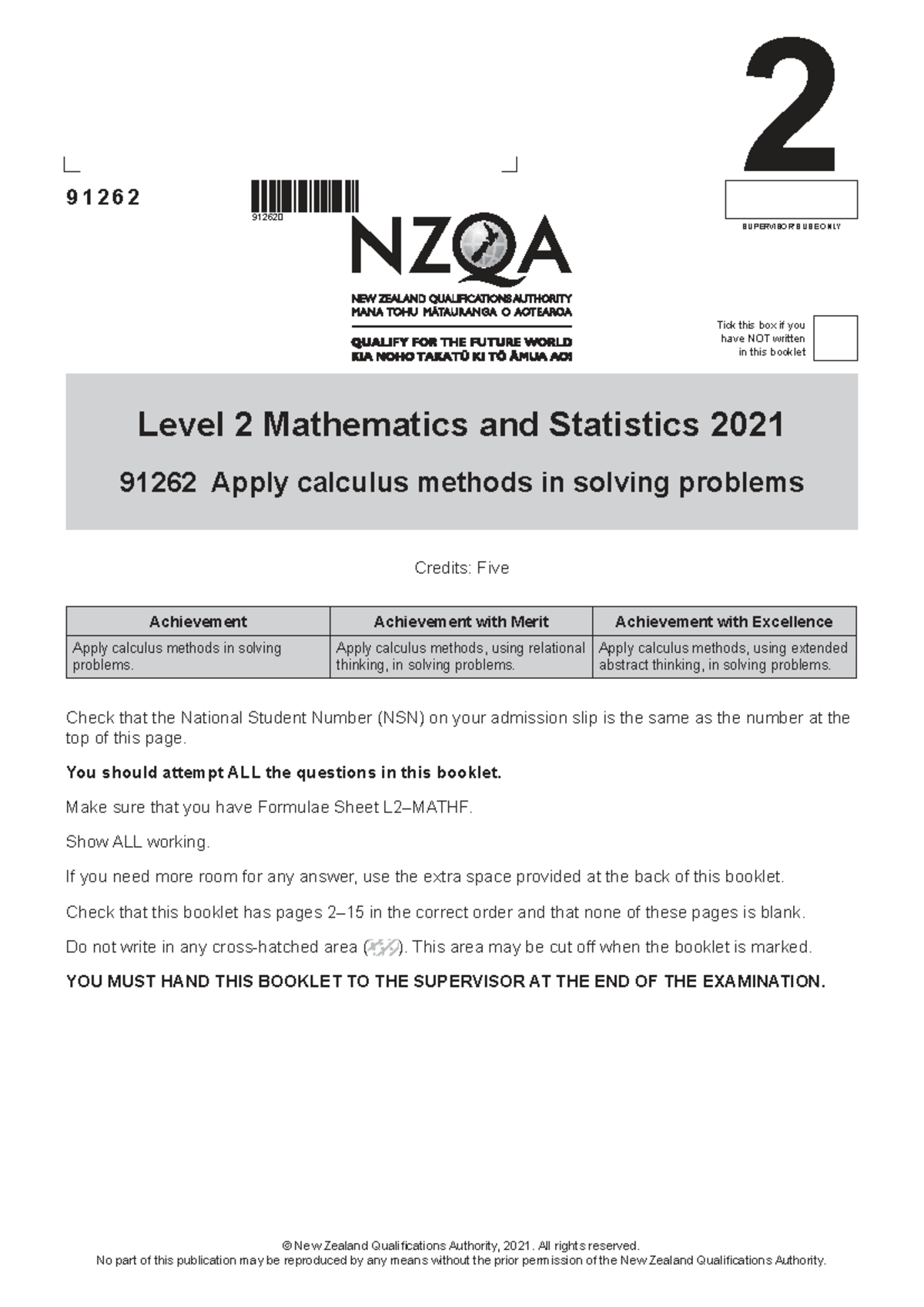 91262 Level 2 Mathematics & Statistics 2021 - Calculus Exam - Studocu
