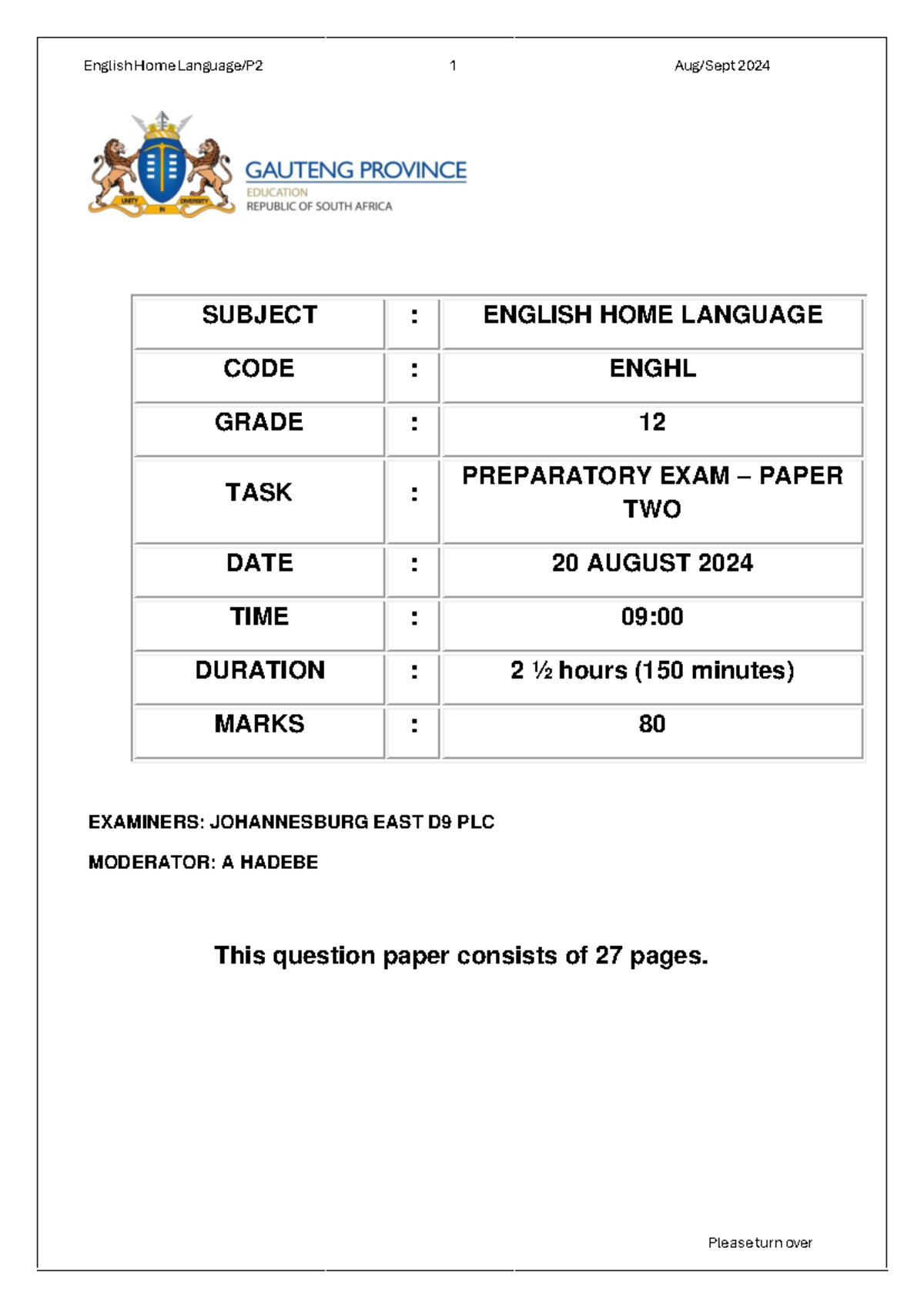 Prelim Exam Paper 2 - English Home Language (ENGHL) Grade 12 - 2024 ...