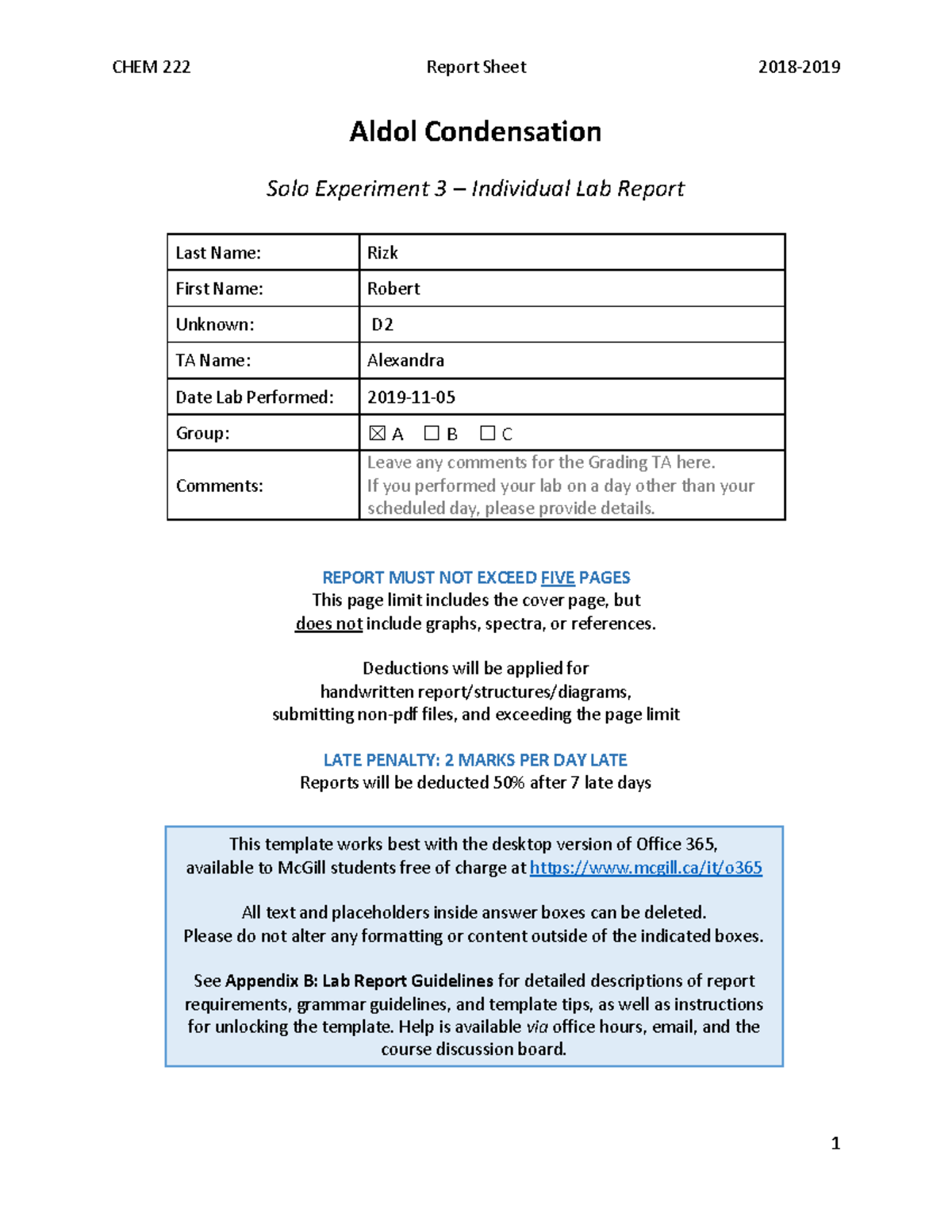 CHEM 222 - Aldol Condensation Lab Report by Robert Rizk - Studocu