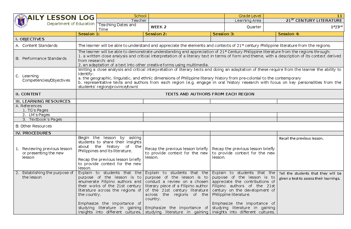 21ST Century Literature 1 Quarter 1 WEEK 2 - DAILY LESSON LOG ...