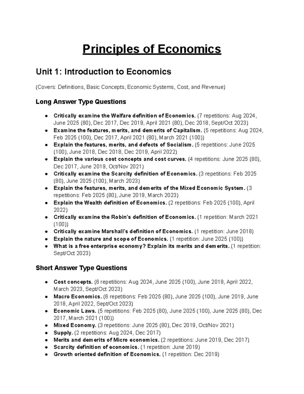 Principles of Economics Unit 1: Key Concepts and Long Answer Questions ...