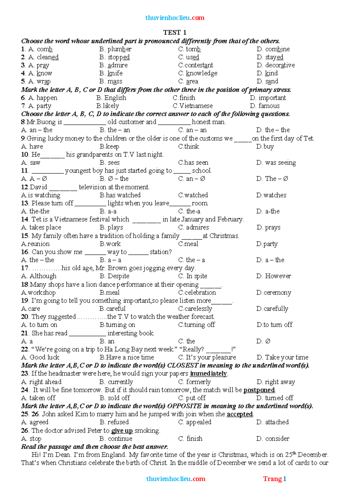 TEST 1 & 2: Pronunciation and Grammar Exercises for English Learners ...