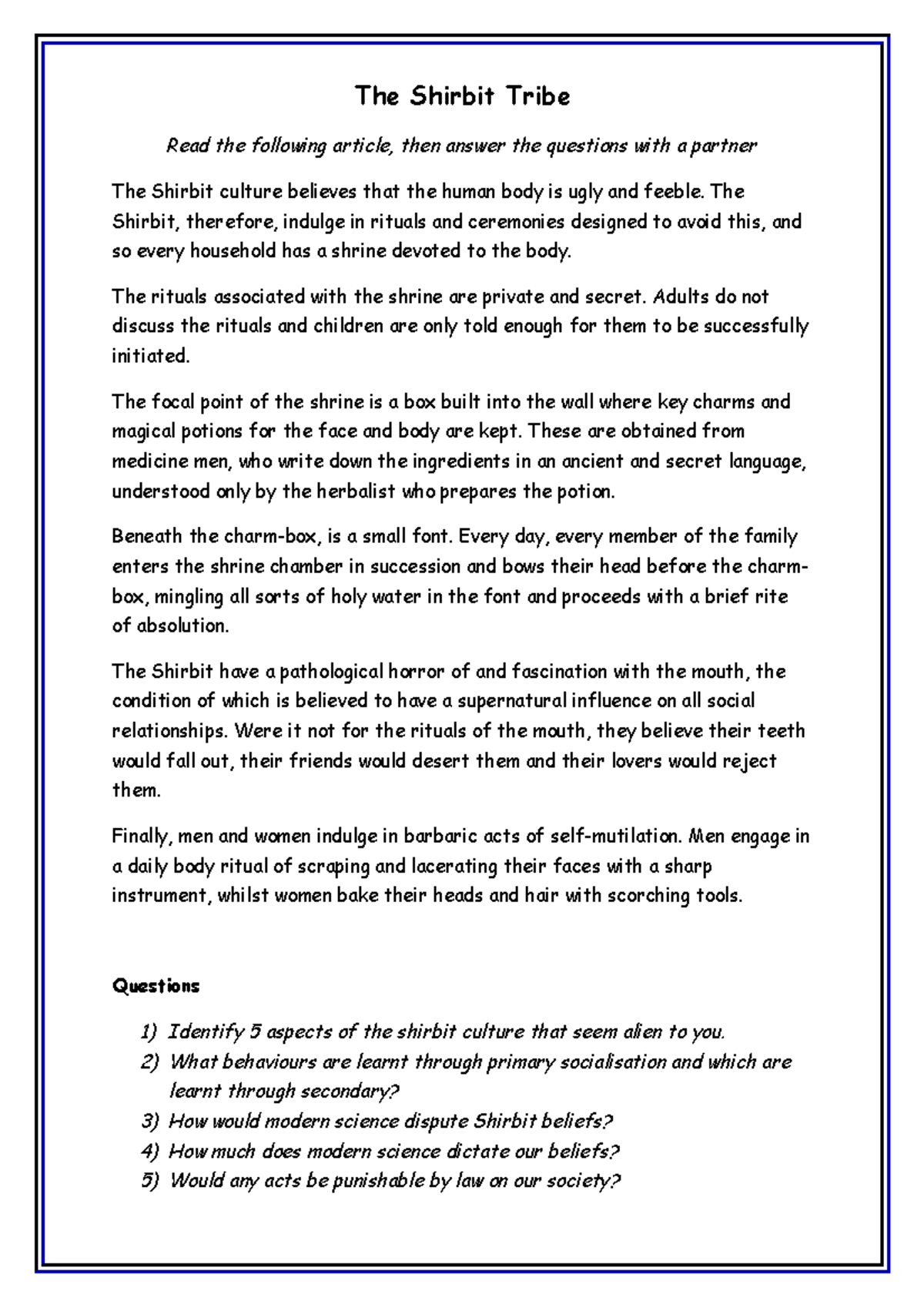 The Shirbit Tribe Handout - Taster Lesson Insights and Questions - Studocu