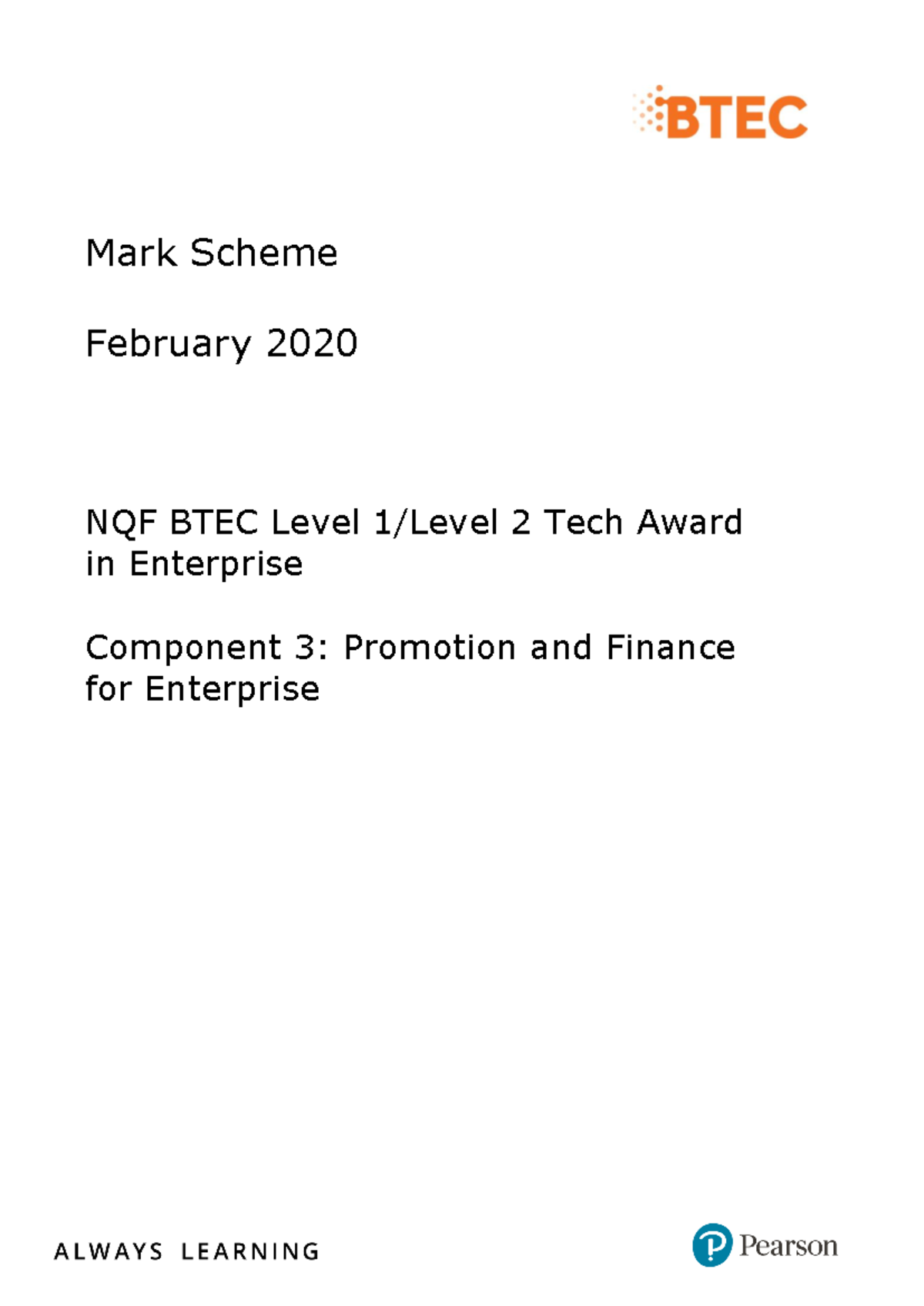5. Jan 2020 MS - BTEC Level 2 Tech Award Enterprise Mark Scheme - Studocu