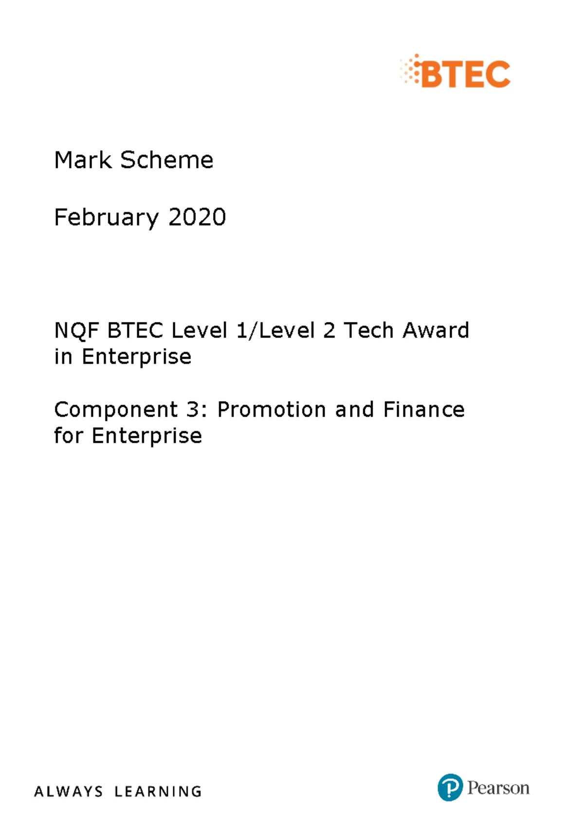 Pearson BTEC L1/2 Tech Award in Enterprise Specification - Issue 2 - Studocu