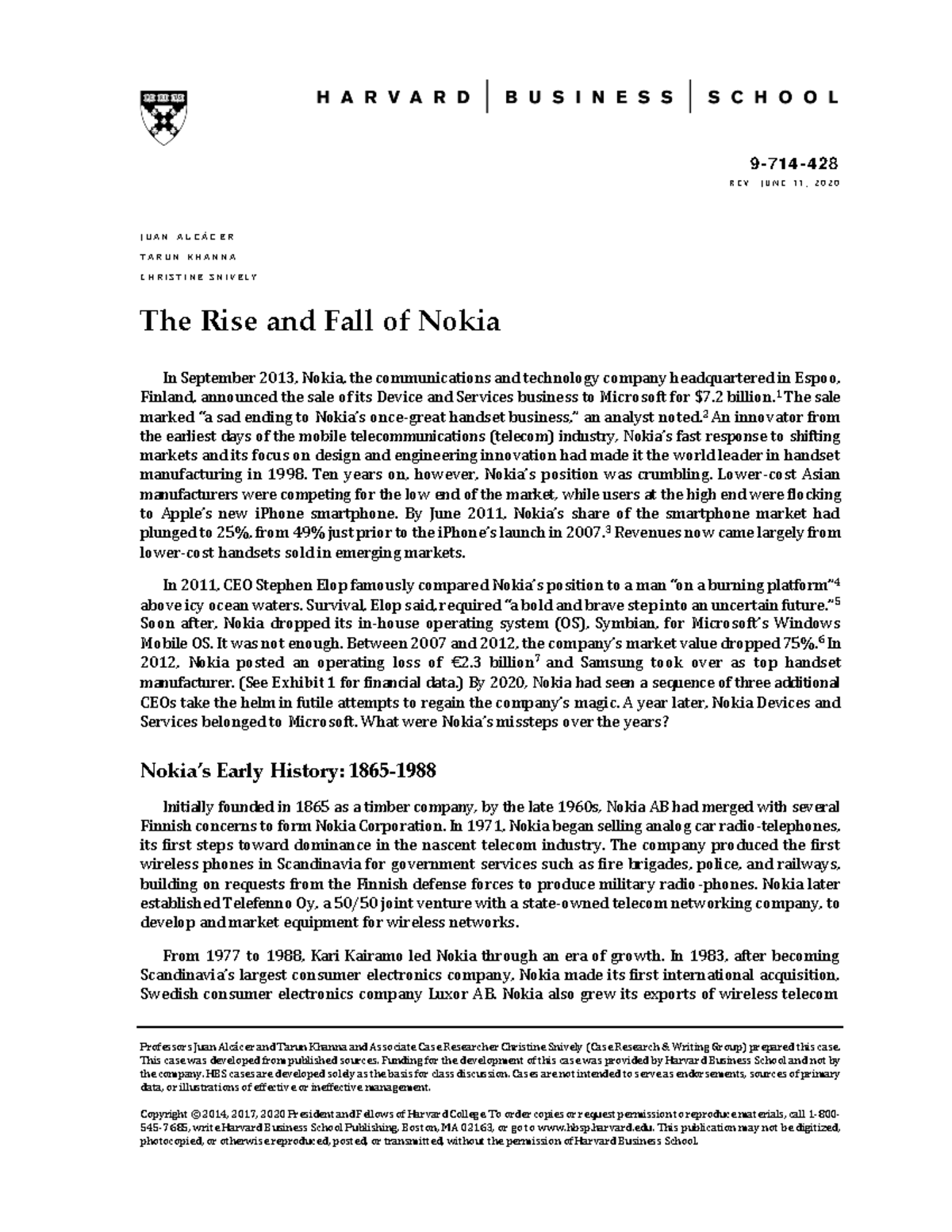 The Rise and Fall of Nokia: A Case Study (HBS 9-714-428) - Studocu