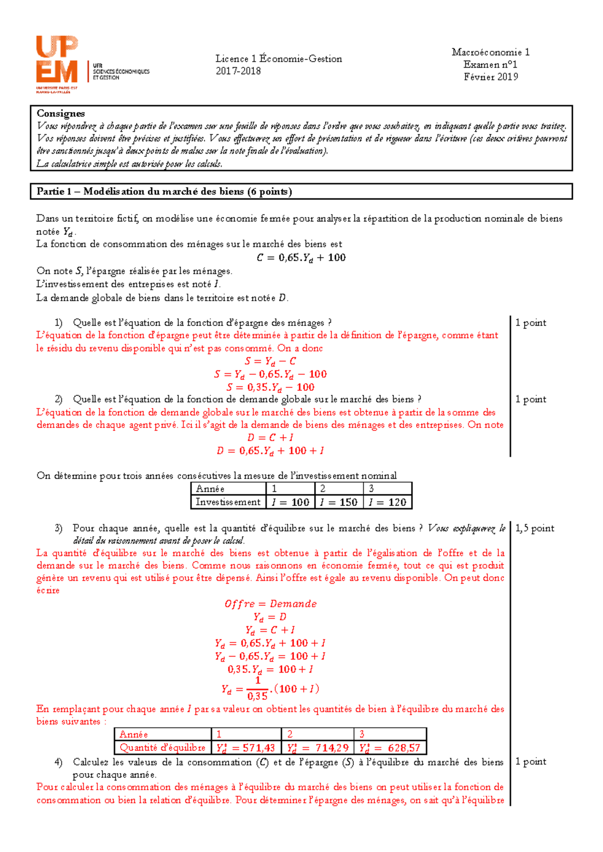 CC1 Sujet 1 correction macroéconomie - Licence 1 Économie-Gestion 2017- Macroéconomie 1 Examen n ...