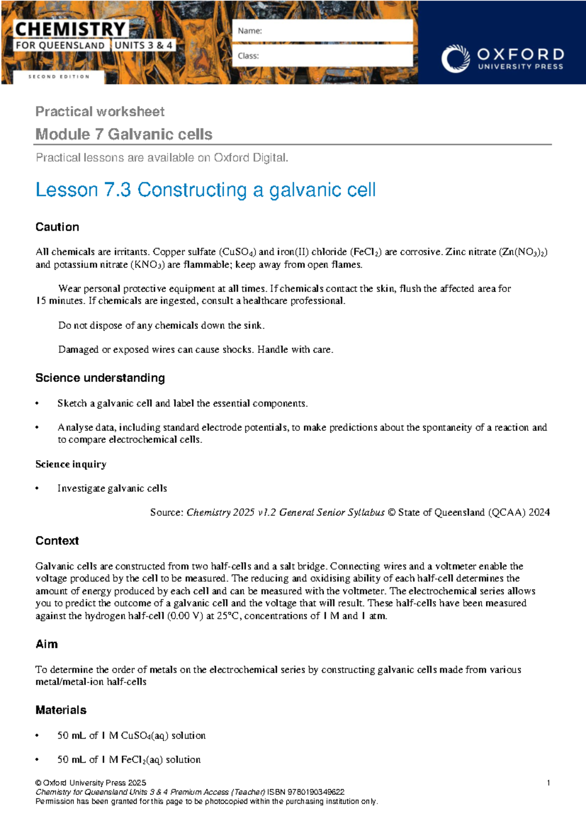 Galvanic Cells Experiment - Module 7 Practical Worksheet - Studocu