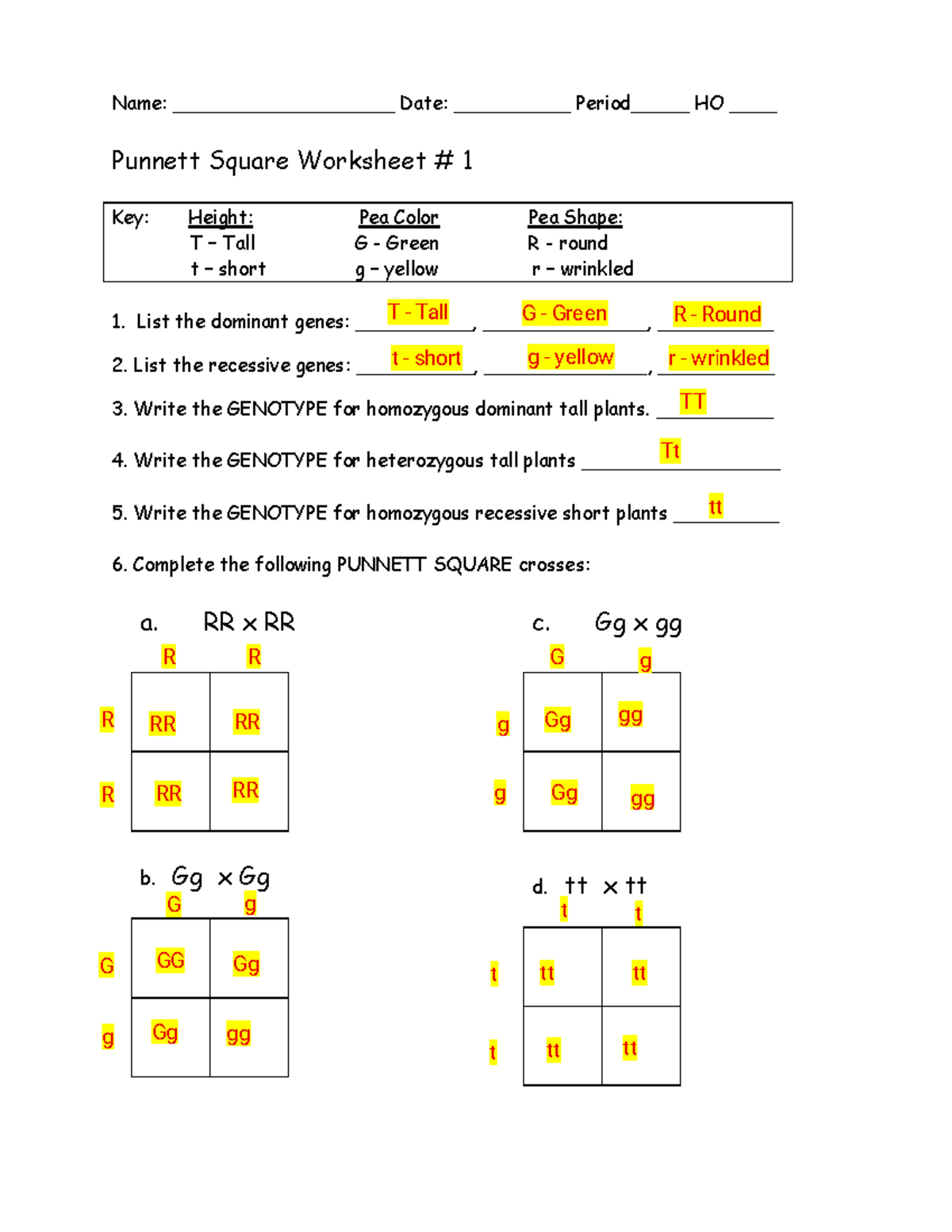 KEY - 7-6-Punnett Square Practice 1 - Name: ___________________ Date ...