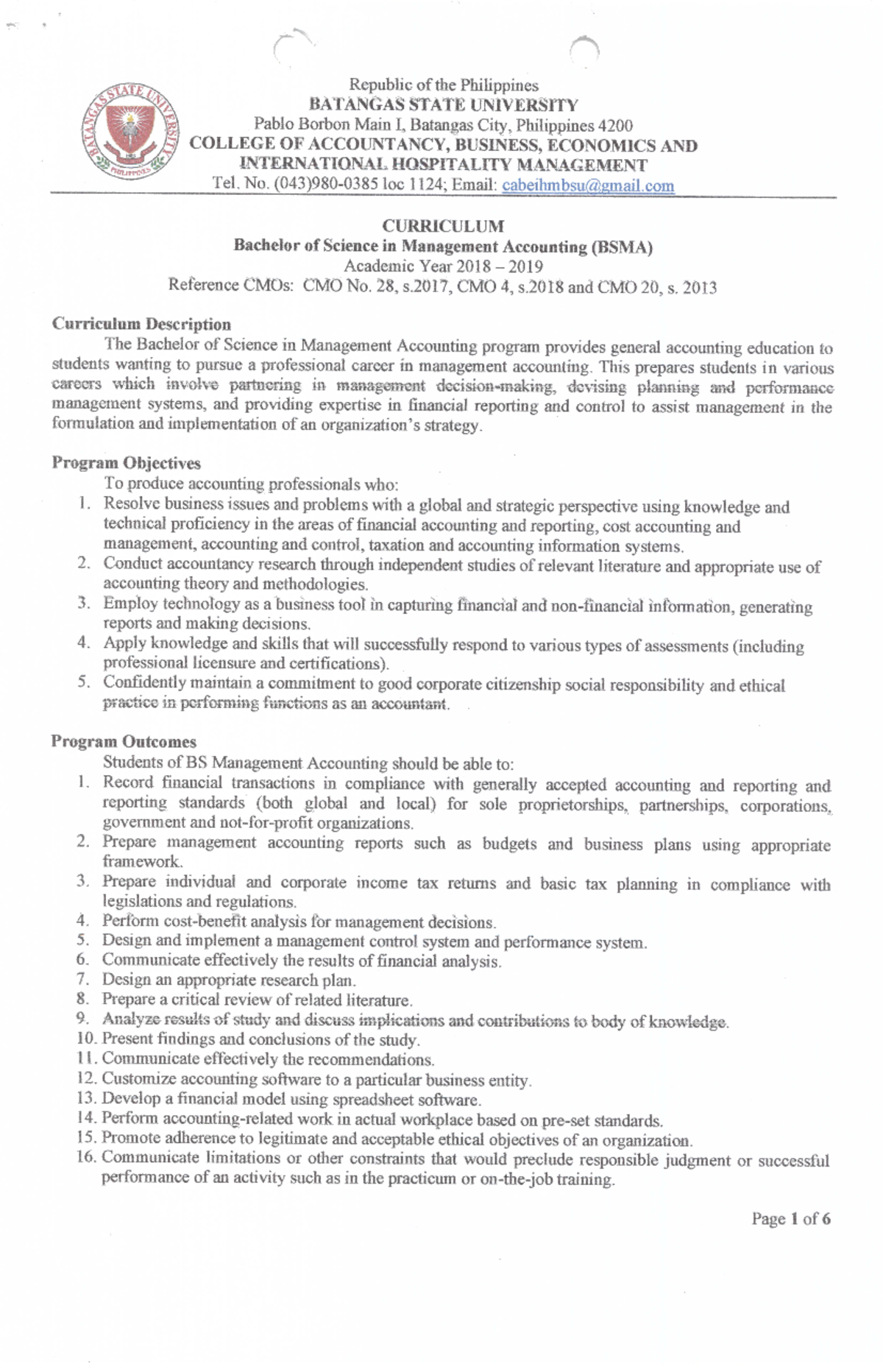 BSMA Curriculum Overview for Bachelor of Science in Management ...