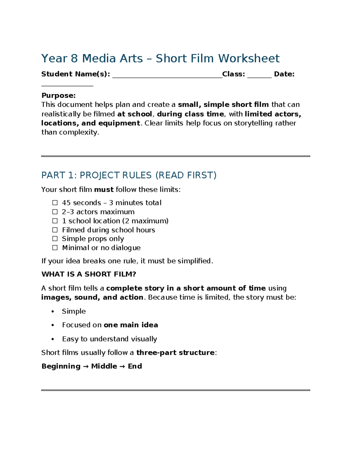 Year 8 Media Arts Short Film Scaffolding Guide - Studocu