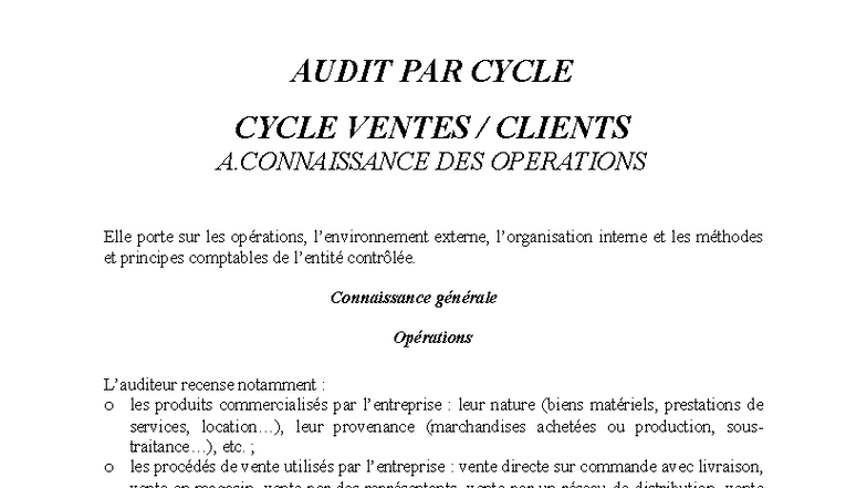 Audit du Cycle Ventes/Clients : Méthodes et Contrôle Interne - Studocu