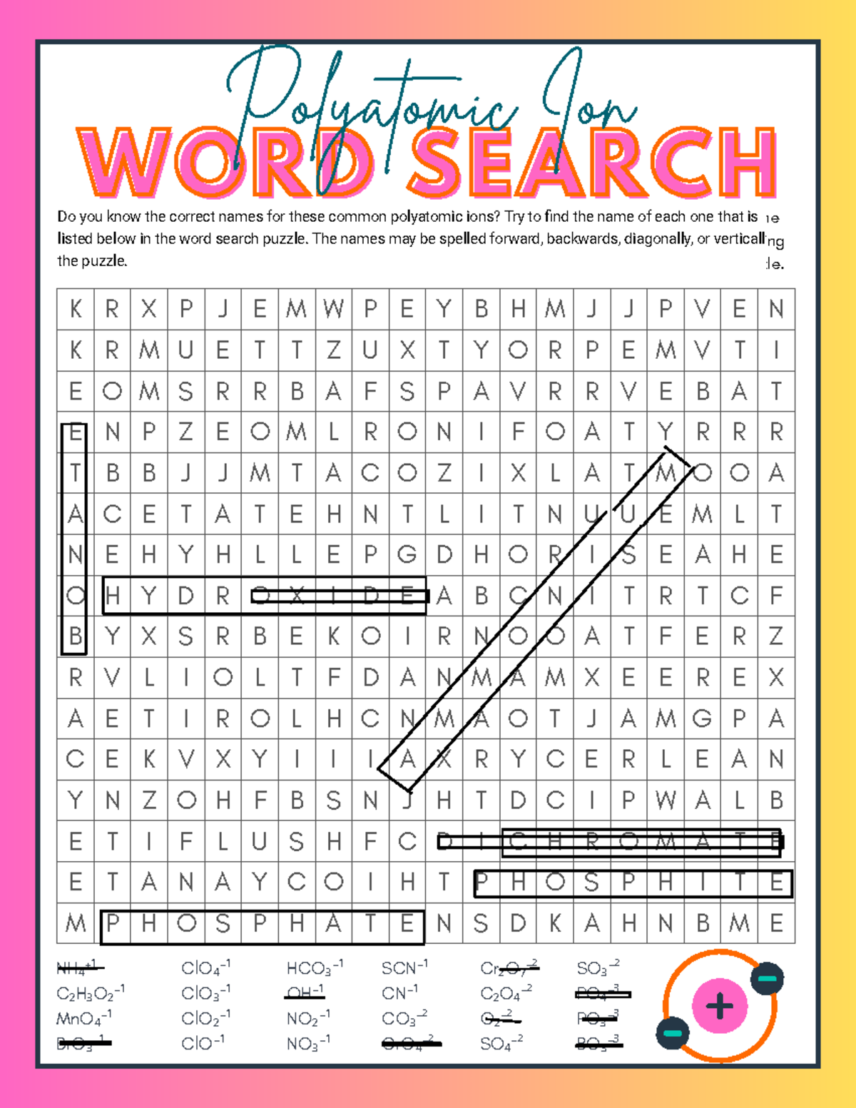 Polyatomic Ion Word Search Puzzle - Names & Formulas - Studocu