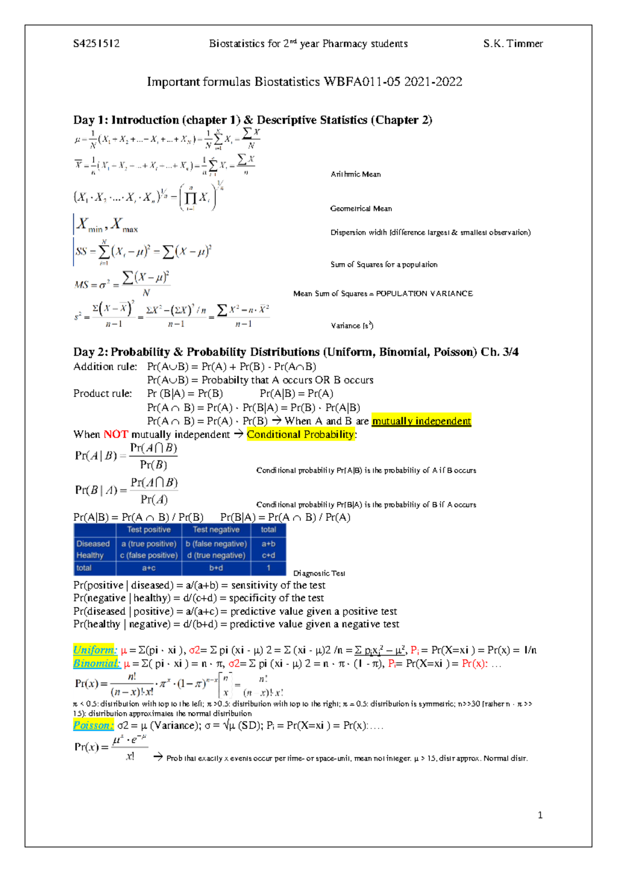 Essential Biostatistics Formulas for 2nd Year Pharmacy (S.K. Timmer ...