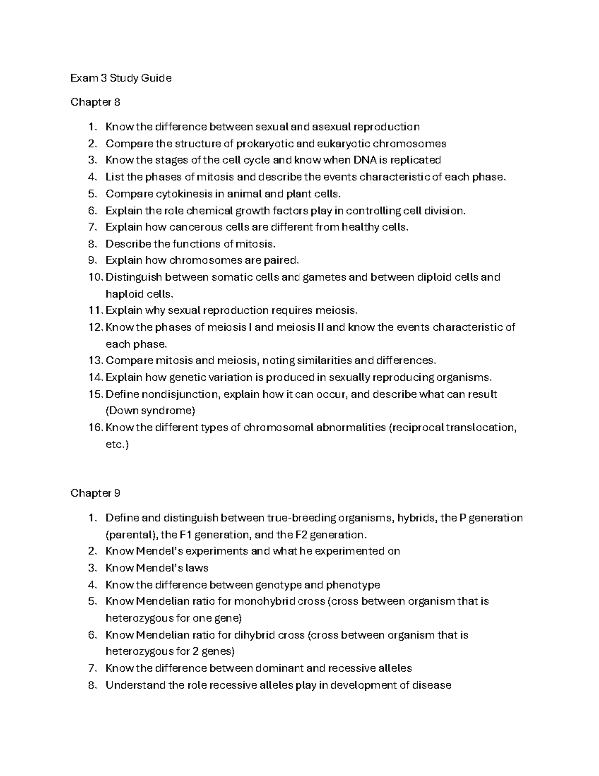 Exam 3 Study Guide: Cell Division & Genetics (Chapters 8-9) - Studocu