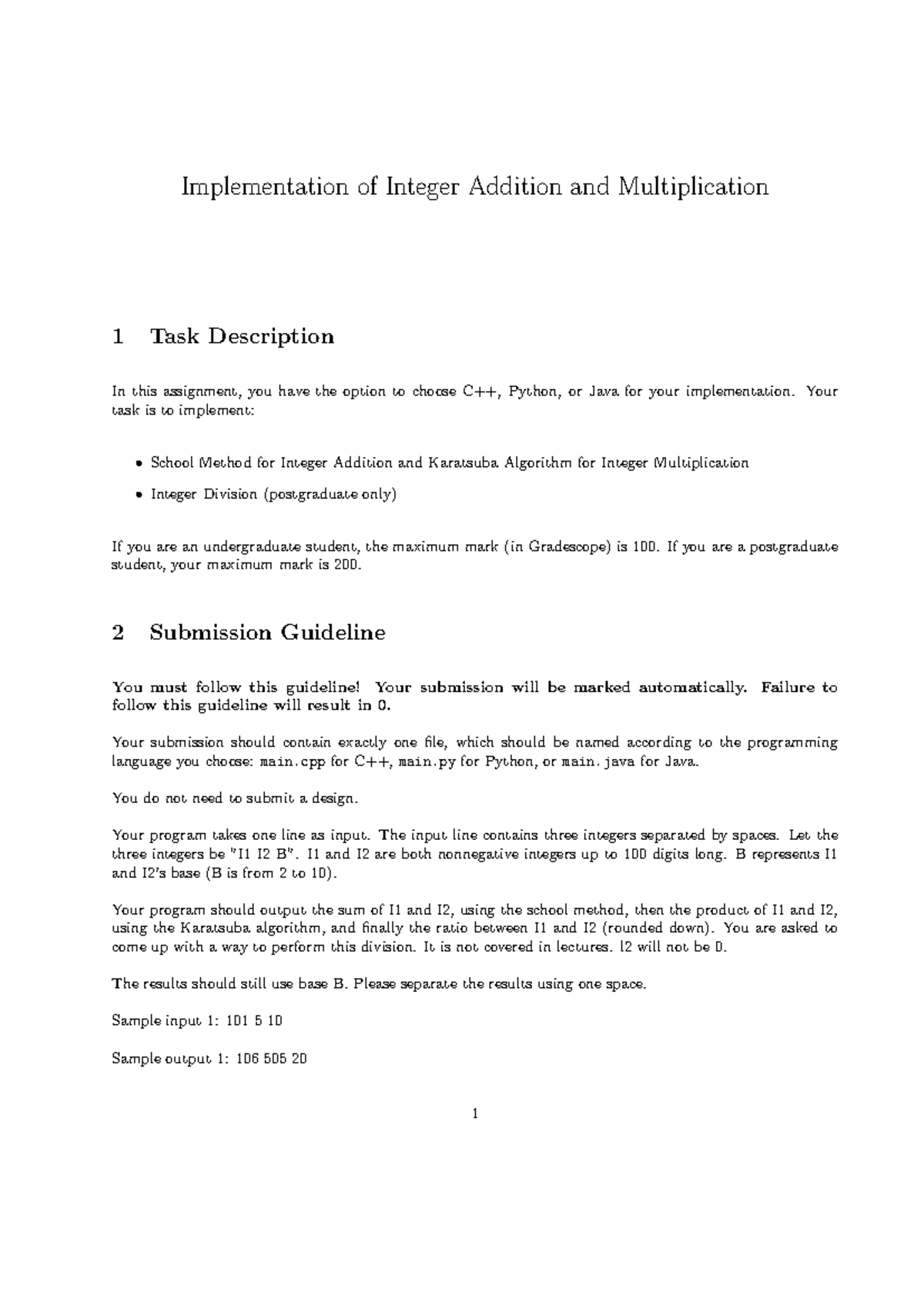 Adsa a1 - cheese - Implementation of Integer Addition and Multiplication 1 Task Description In ...