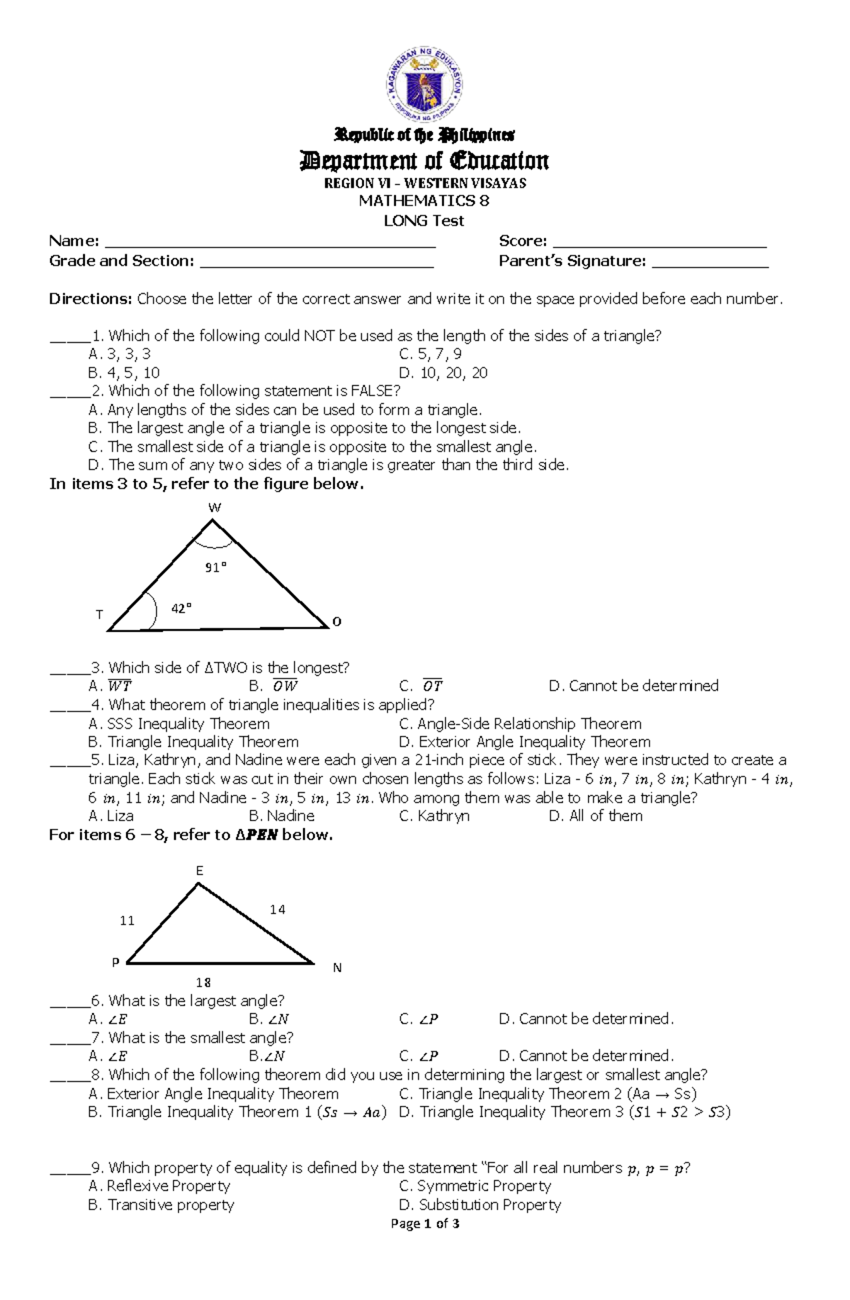 Math 8 4th Quarter Long Test Review and Practice Questions - Studocu