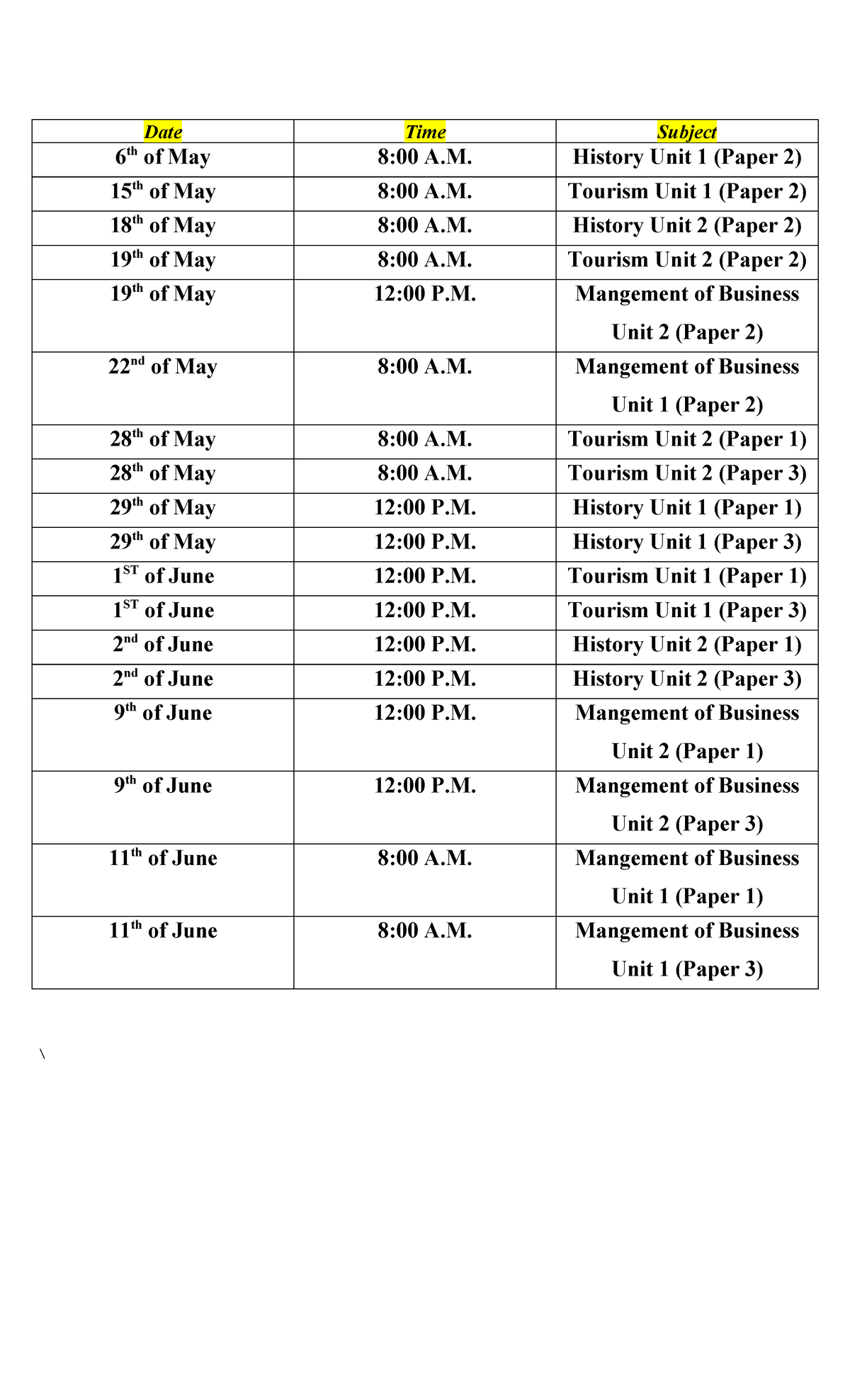 CAPE Exam Schedule: History, Tourism & Management of Business - Studocu