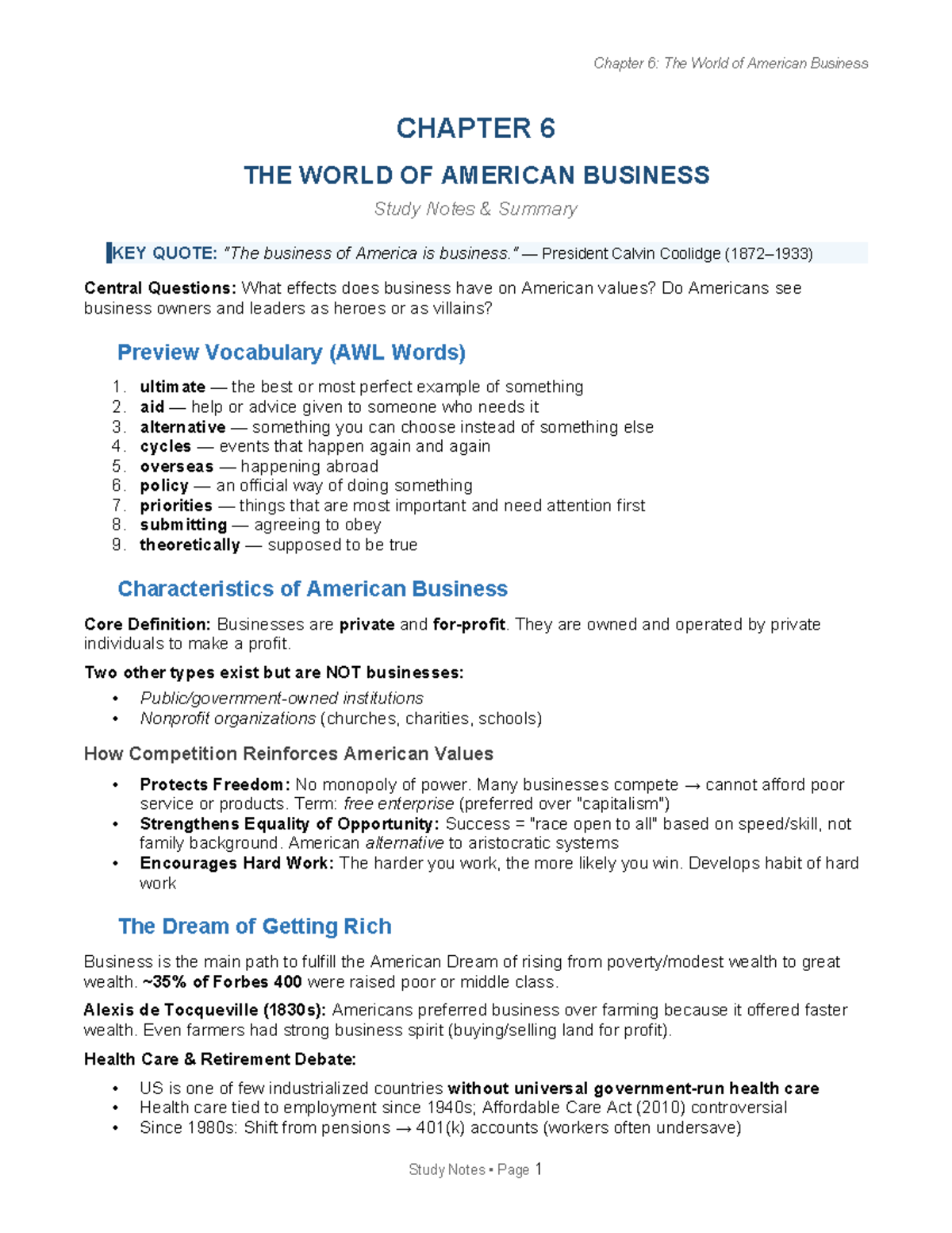 Chapter 6: The World of American Business Study Notes - Studocu