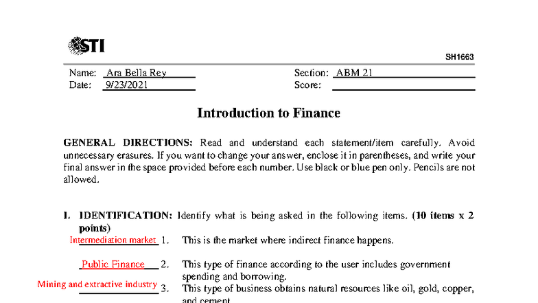 SH1663 ABM 21 Quiz 1: Introduction to Finance Identification Questions ...