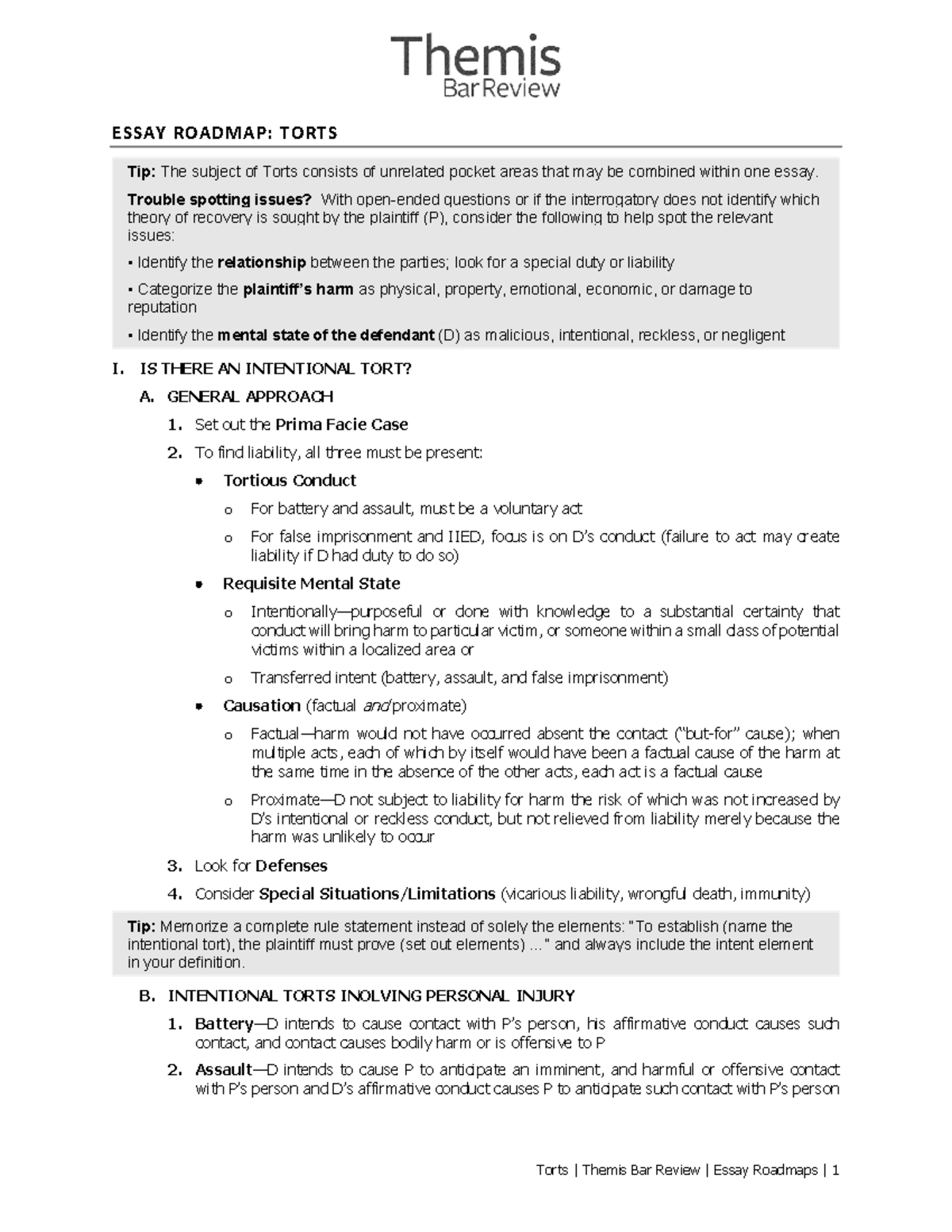 Themis Bar Review Essay Roadmap: Torts Analysis Guide - Studocu
