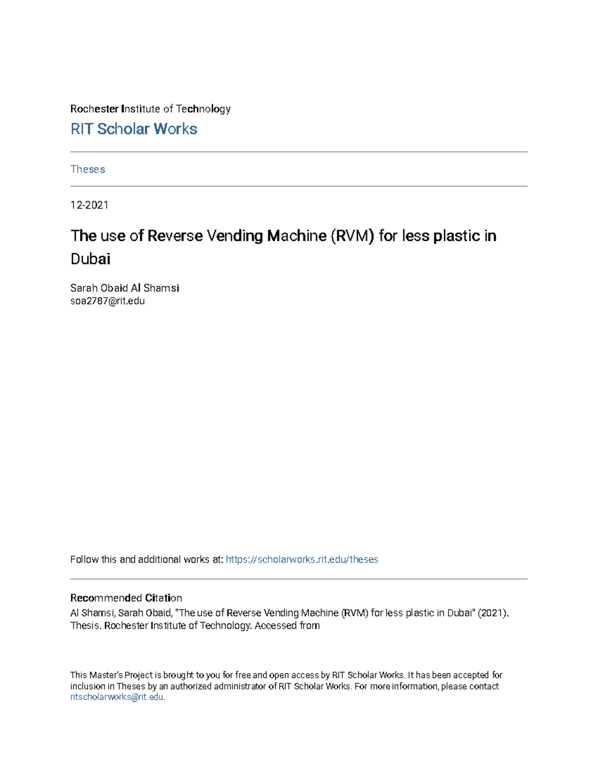 RIT-PS 2021 Thesis: RVM Solutions for Reducing Plastic Waste in Dubai ...