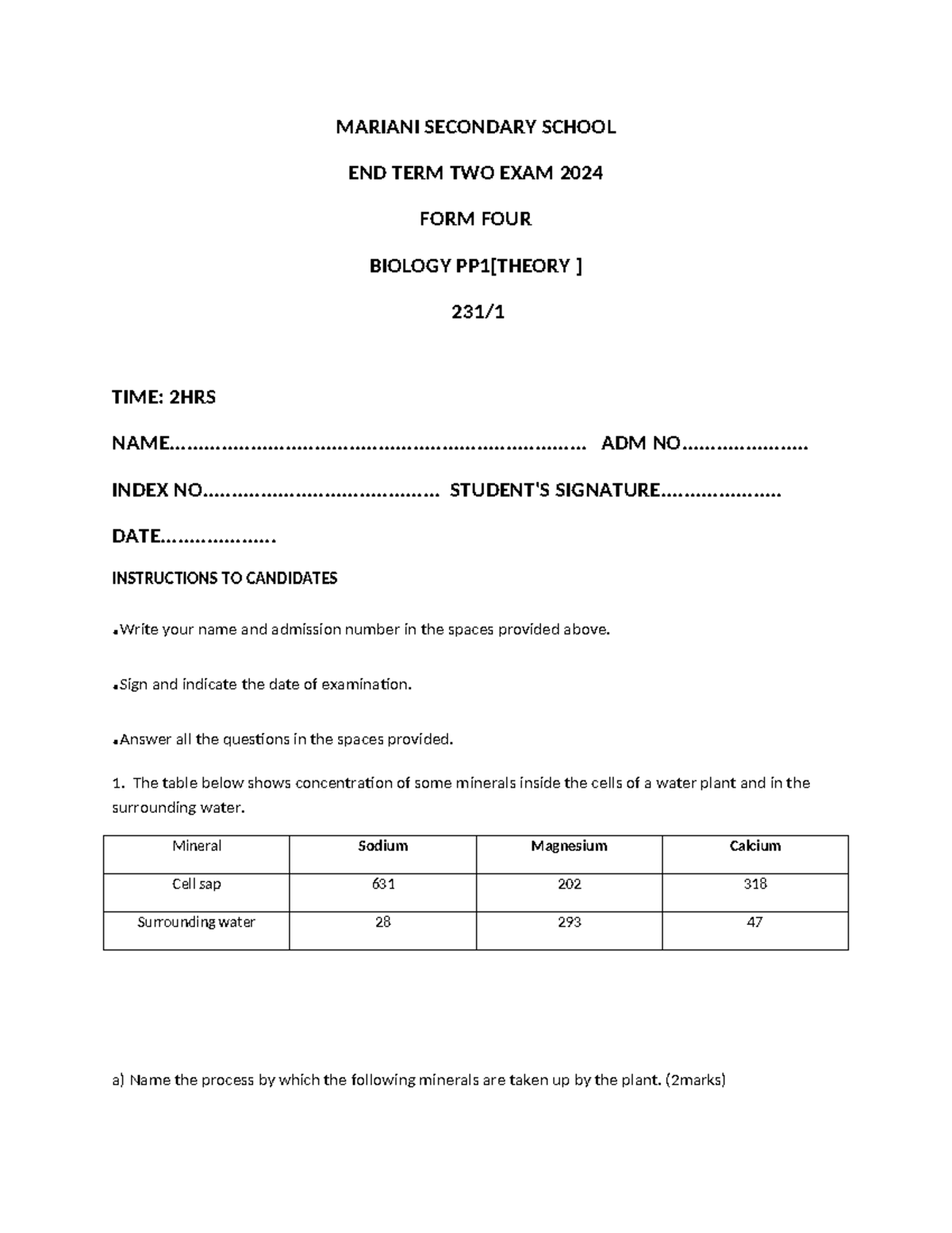 FORM 4 BIOLOGY END TERM TWO EXAM REVISION QUESTIONS 2024 - Studocu