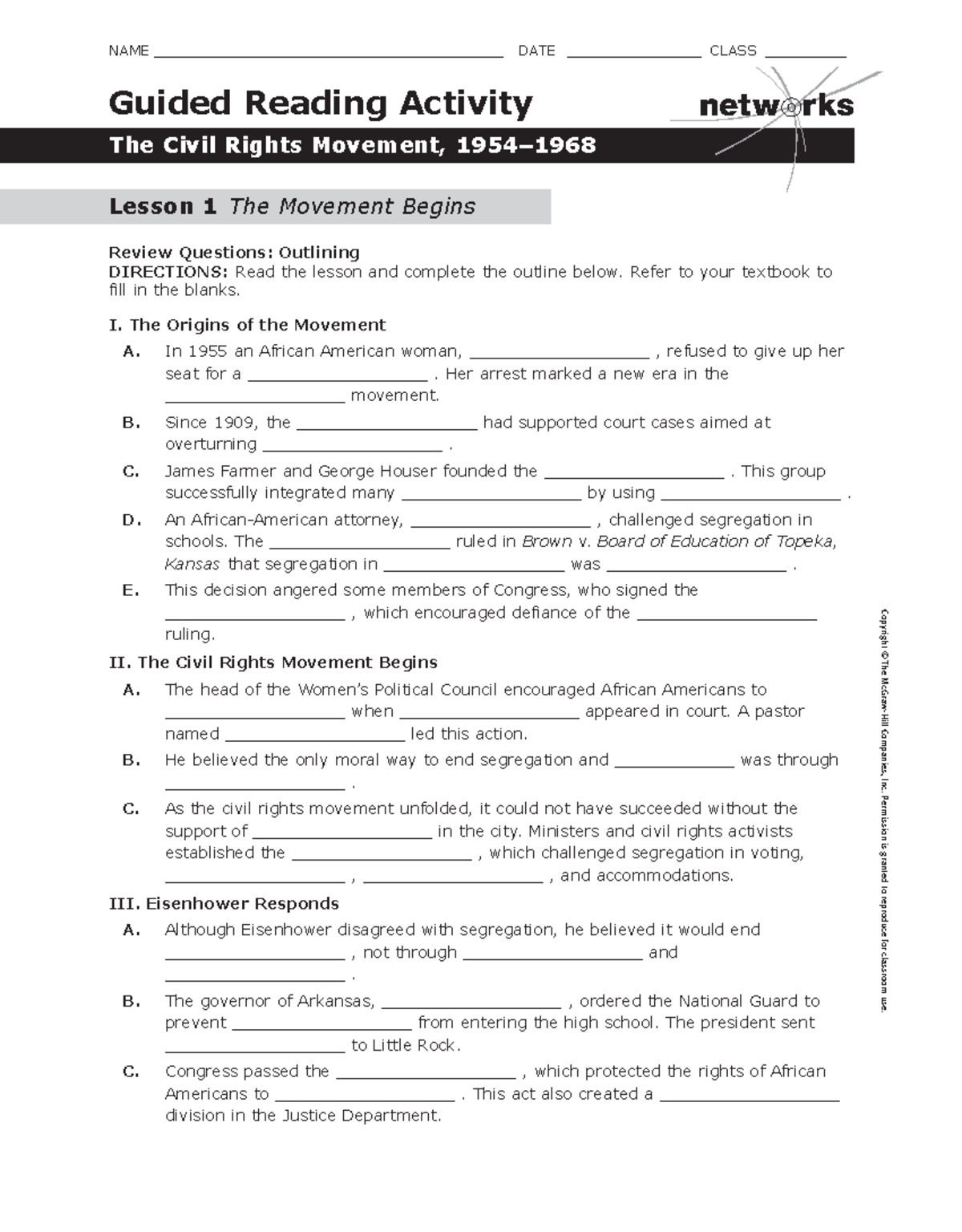 CRS 101 - Guided Reading Activity: The Civil Rights Movement, 1954 ...
