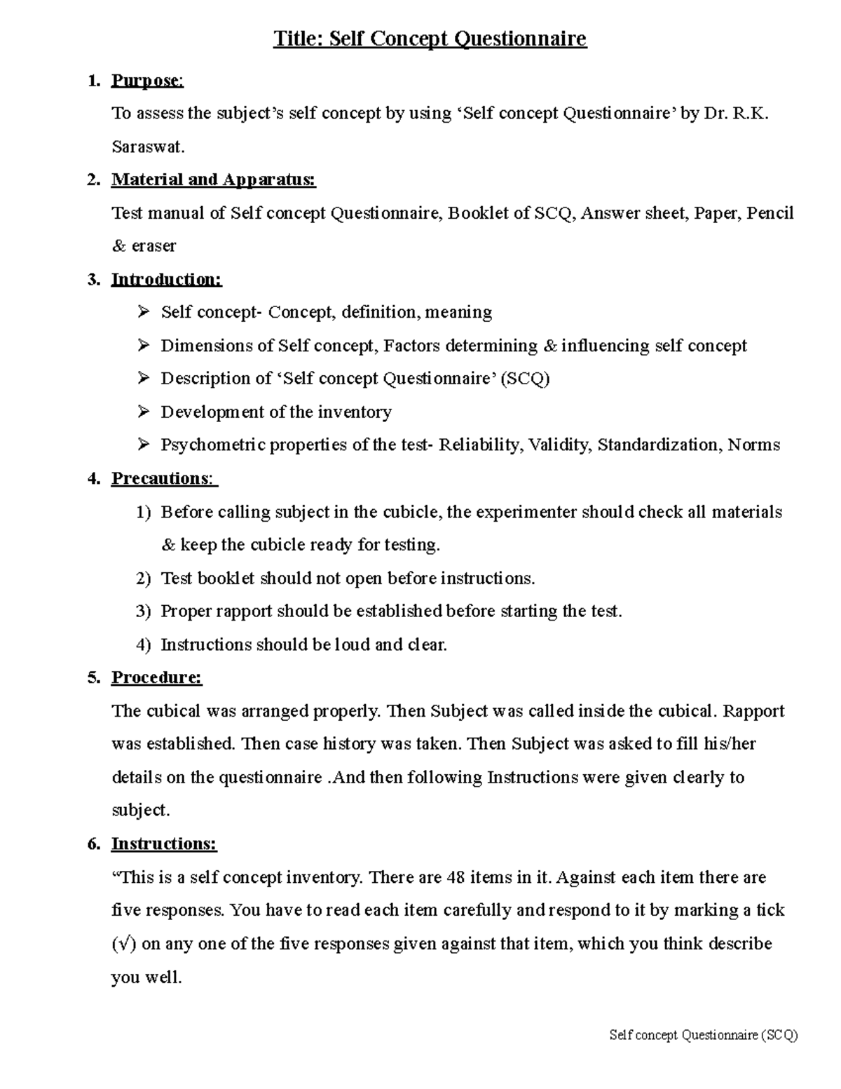 Self concept Questionnaire (SCQ) - basic accounting - Studocu