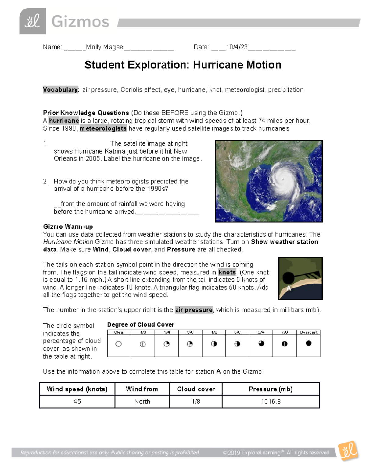 Hurricane Motion Exploration SE - Gizmo Answer Key (10/4/23) - Studocu