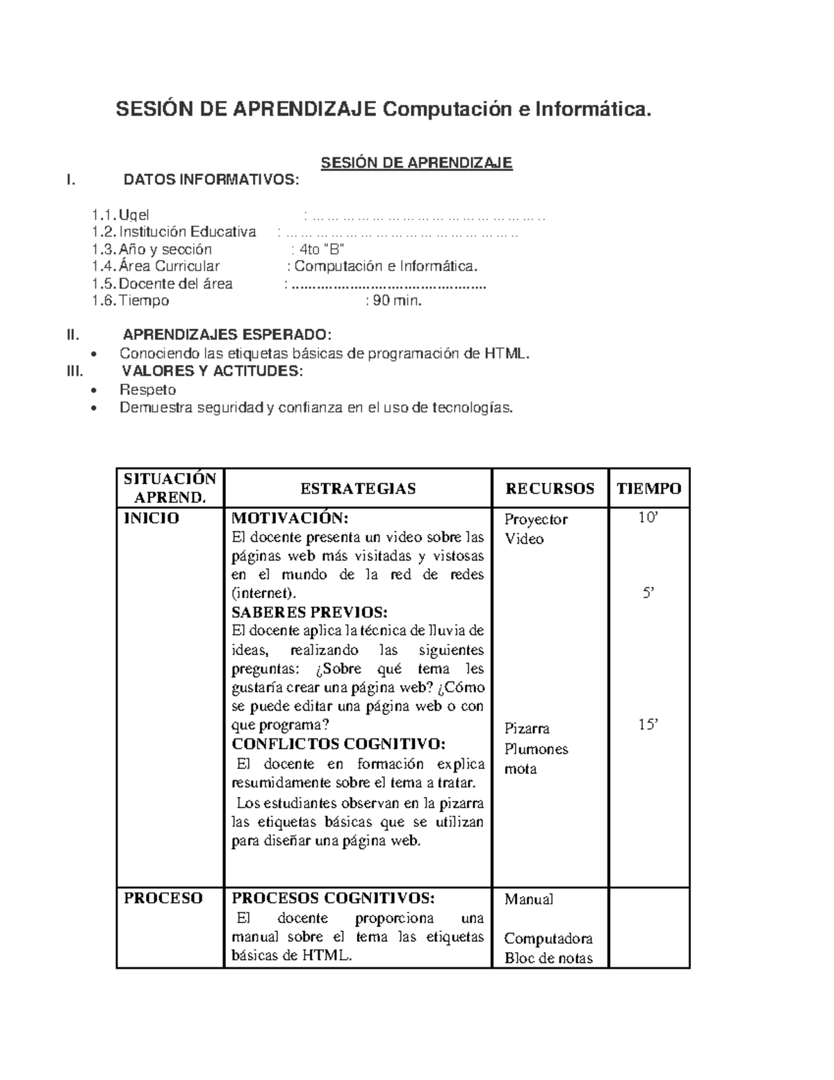 SESION DE APRENDIZAJE I: HTML Básico en Computación e Informática - Studocu