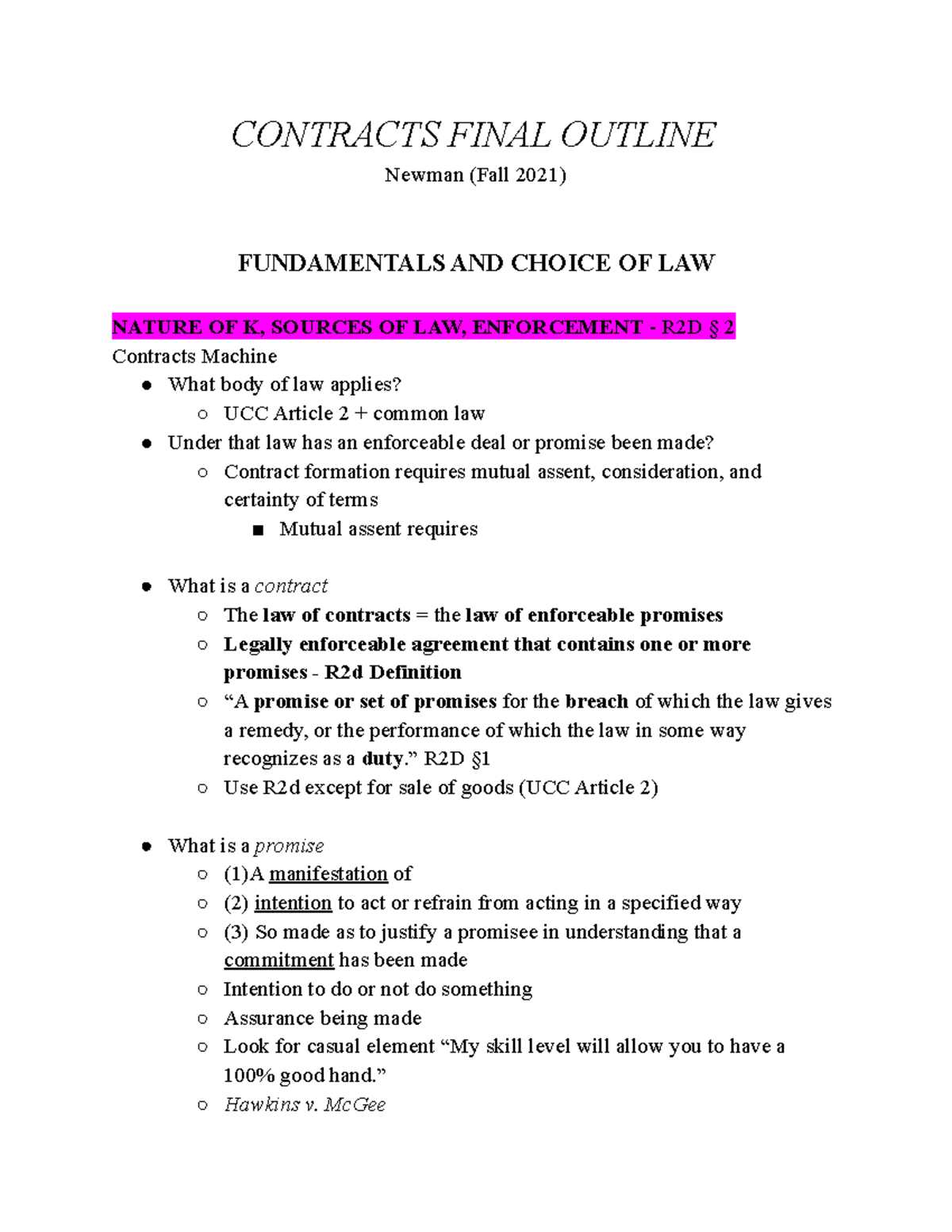 Contracts 2021 Finals Study Outline: Key Concepts and Cases - Studocu