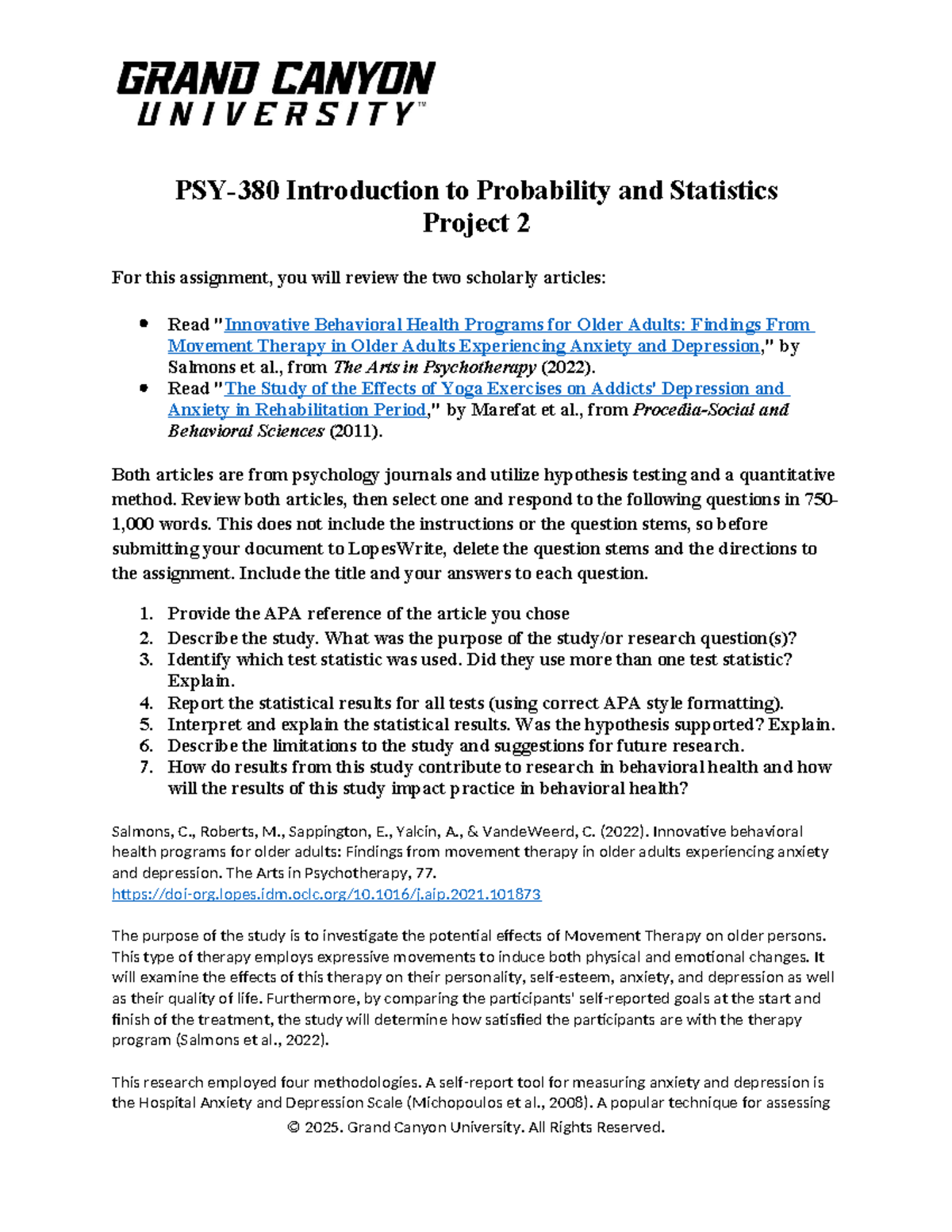 Benchmark Project 2 - Assignment - PSY-380 Introduction to Probability ...