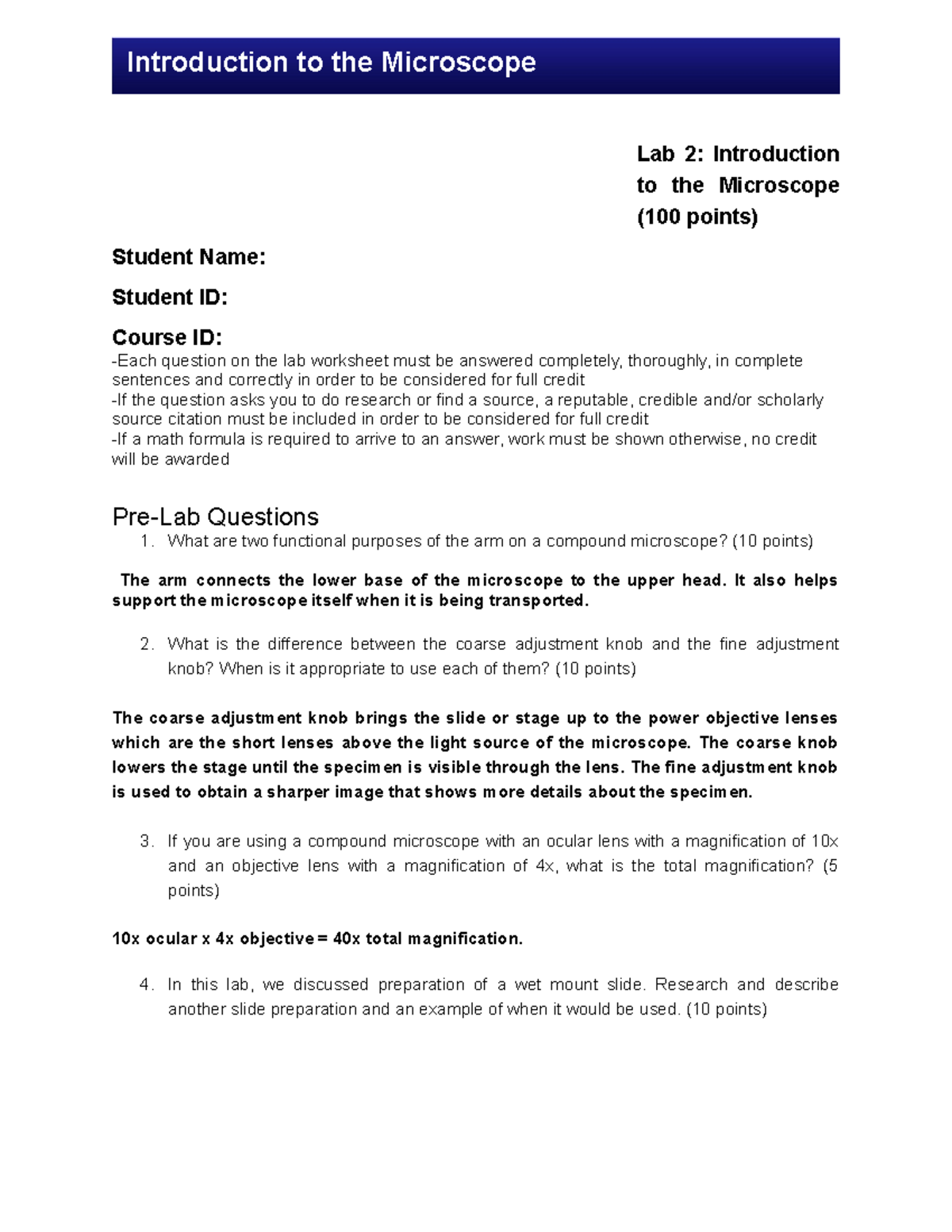 Lab2-Introduction to the Microscope - Lab 2: Introduction to the Microscope (100 points) Student ...