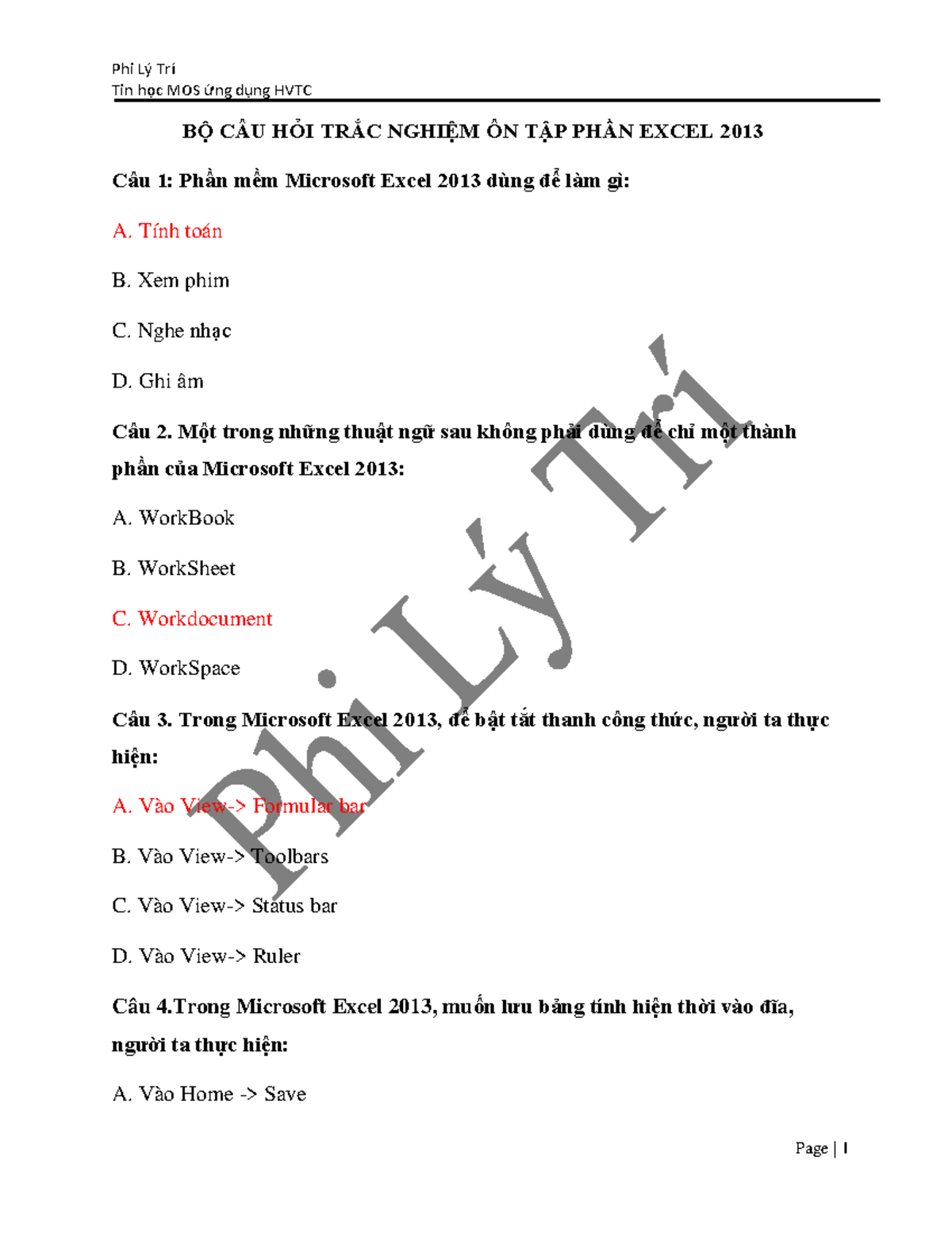 Trắc nghiệm Ôn tập Excel 2013 (80 câu) - MOS HVTC - Studocu