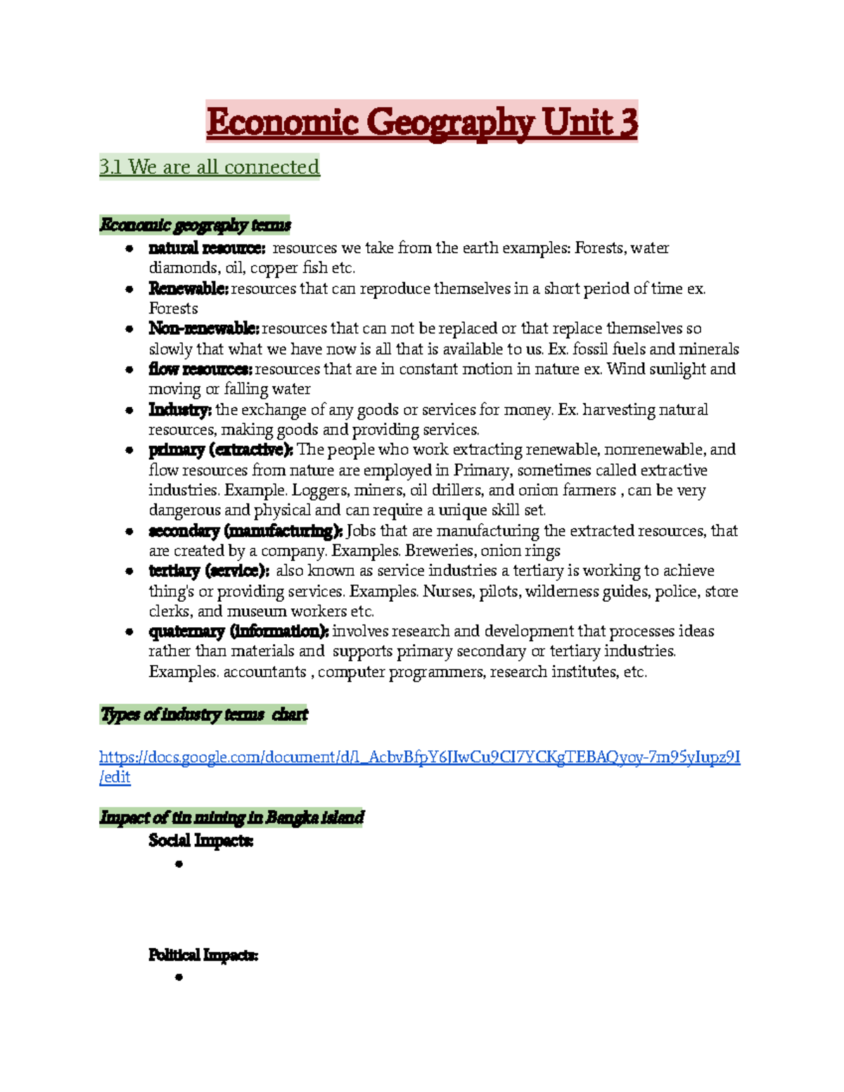 Economic Geography Unit 3: Natural Resources and Industry Insights ...