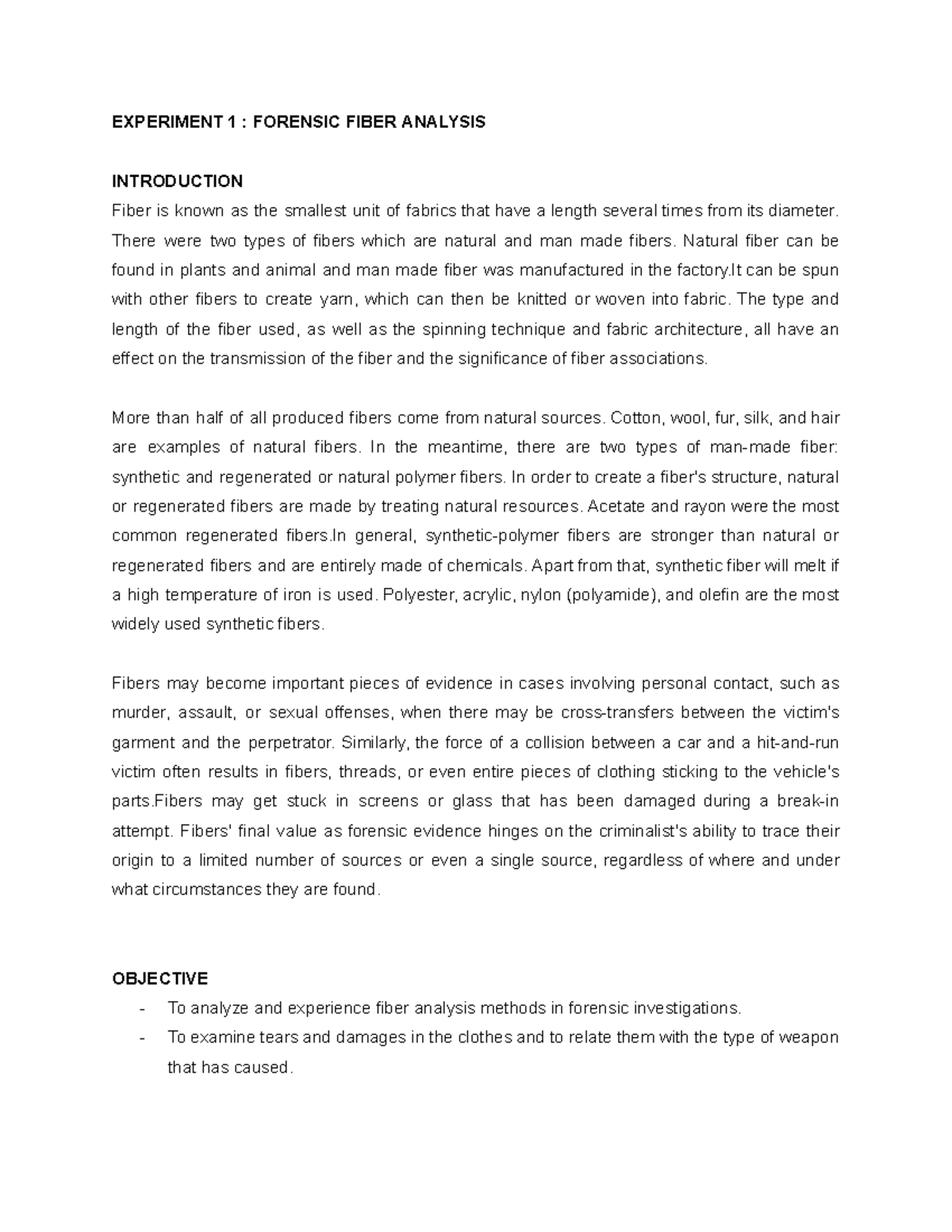 FRS 581 - Lab Report: Forensic Fiber Analysis Experiment - Studocu