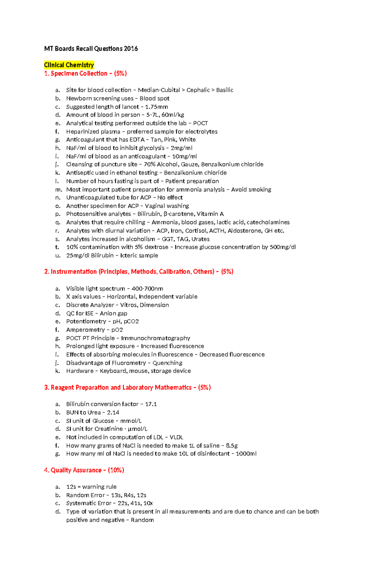 Medical Technology Board Exam Review Notes - MT Boards Recall 2016 ...