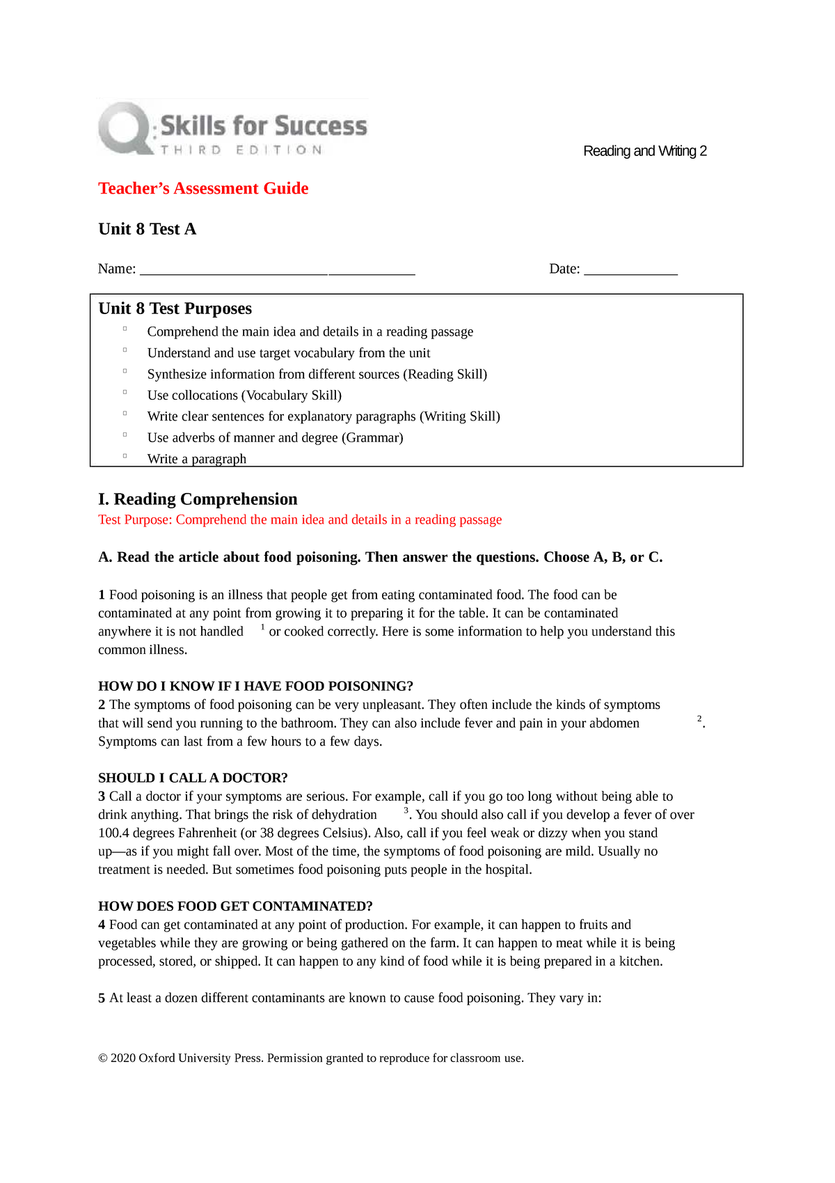 Reading and Writing 2 Assessment Guide: Unit 8 Test A - Studocu