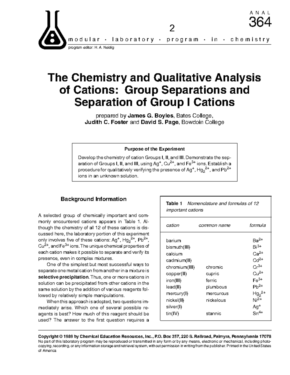 ANAL 364: Modular Lab Program on Cation Chemistry and Group Separations ...