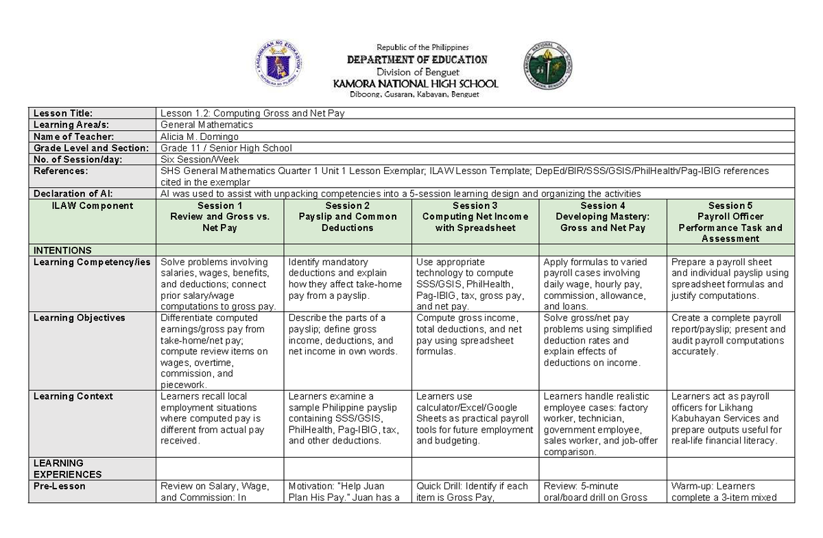 WEEK 2 TERM 1 - LESSON PLAN IN GENERAL MATH: COMPUTING GROSS AND NET ...