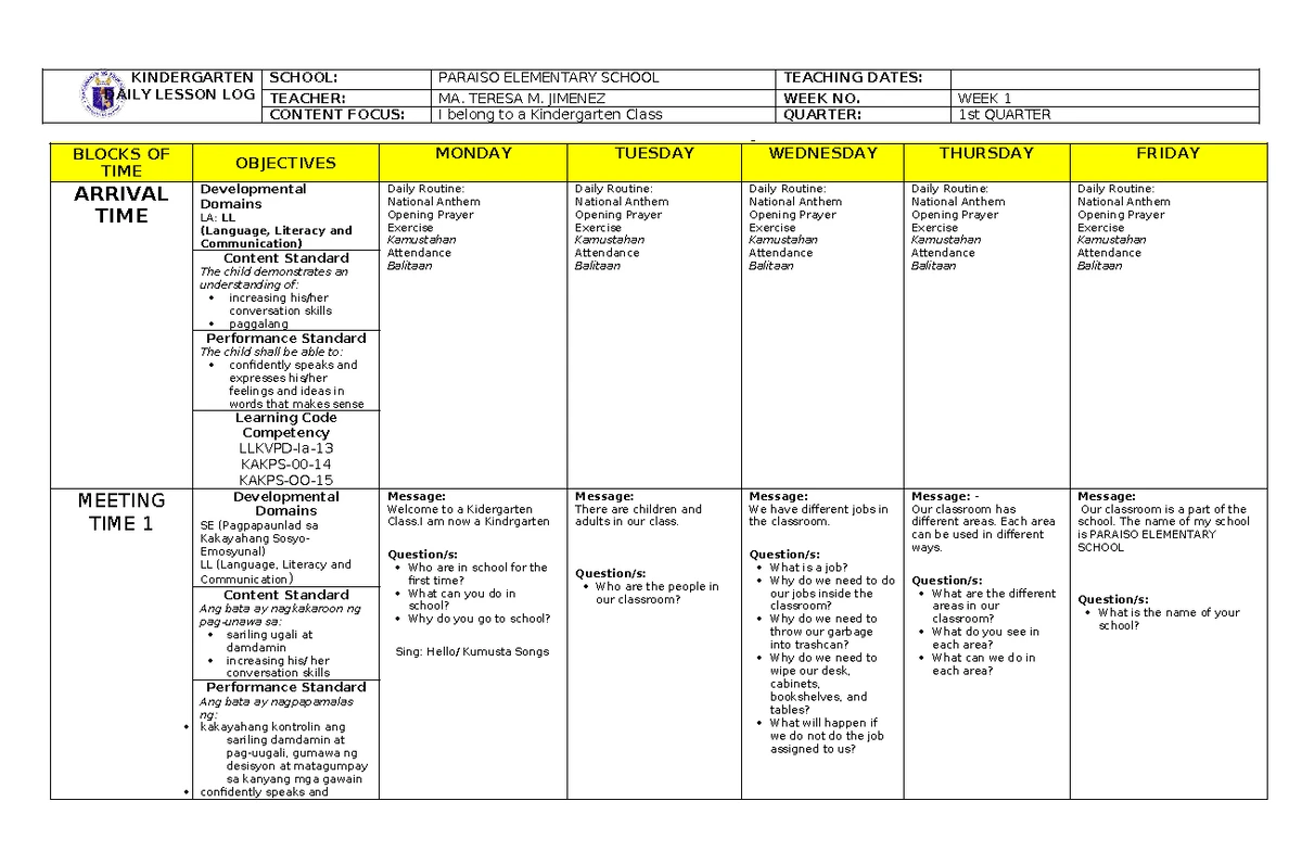 WEEK 10 DAILY LESSON LOG FOR KINDERGARTEN KDE-1ST QUARTER - Studocu