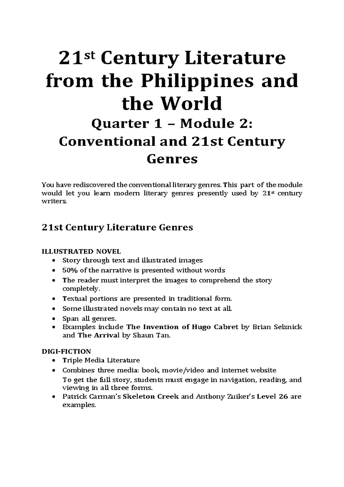 21st Century Literature - Q1 - Module 2: Modern Literary Genres - Studocu