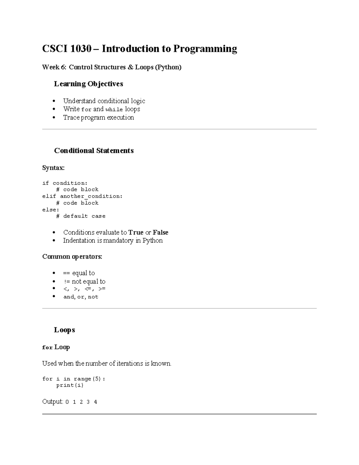 CSCI 1030 Week 6: Control Structures & Loops in Python - Studocu